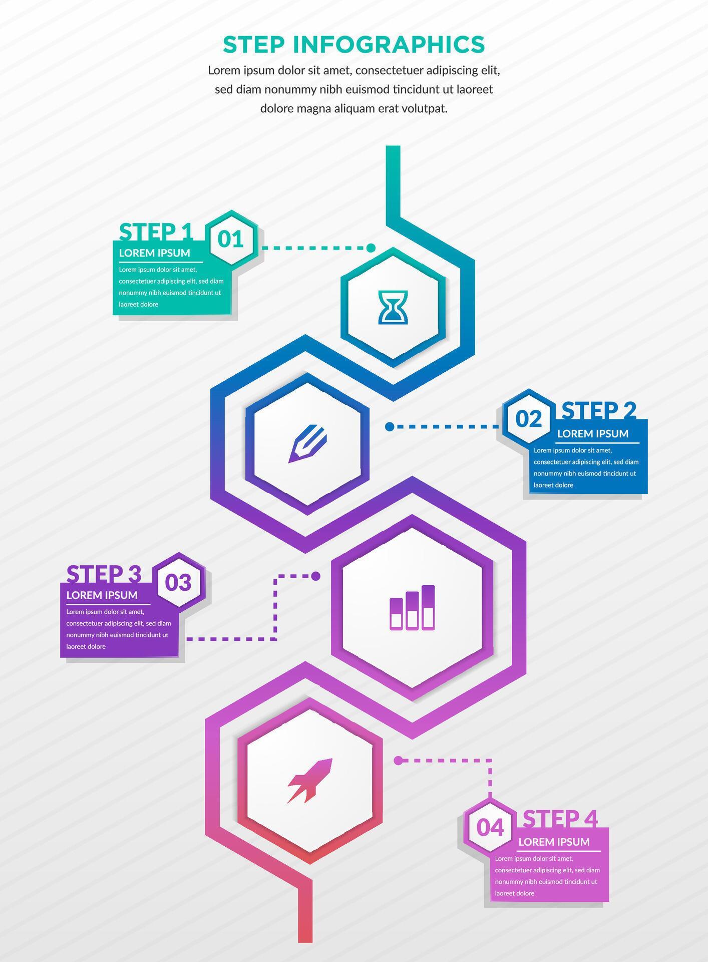 Hexagon shape loop zig zag infographics diagram. 4 Step business ...