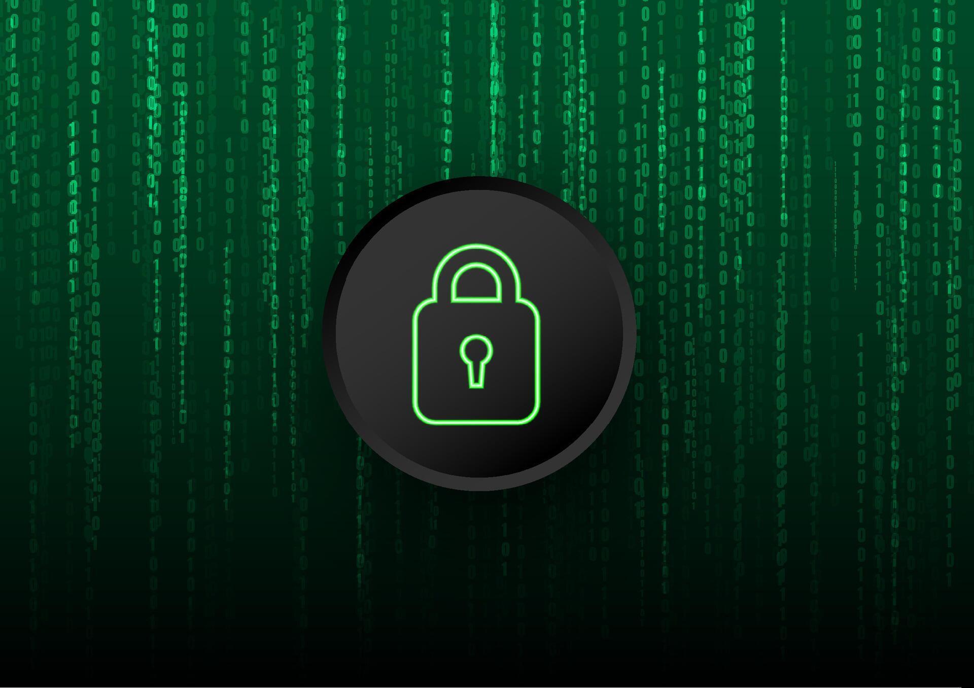 Cyber security concept. Locks on technology and the binary number dark green background. Hacker ...