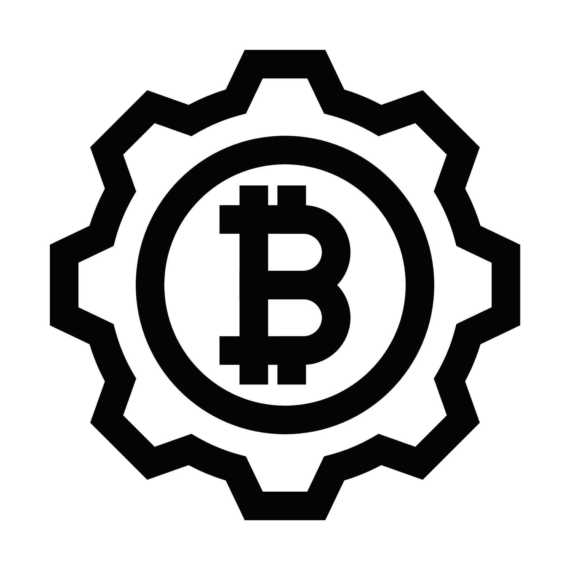 Black outline icon of a gear with a Bitcoin symbol in the center, representing cryptocurrency ...