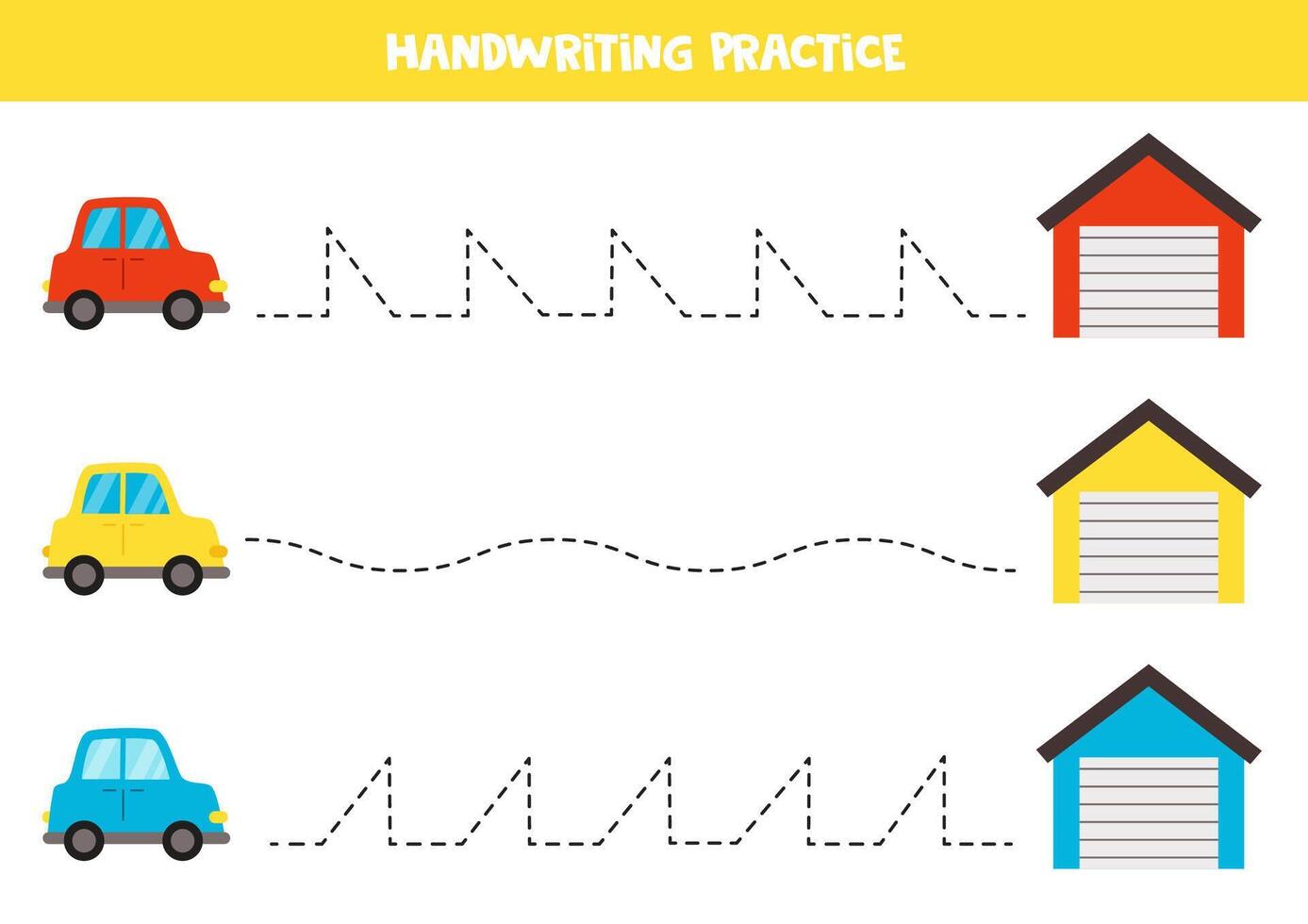 Tracing lines for kids. Cartoon colorful cars and garages. Handwriting ...