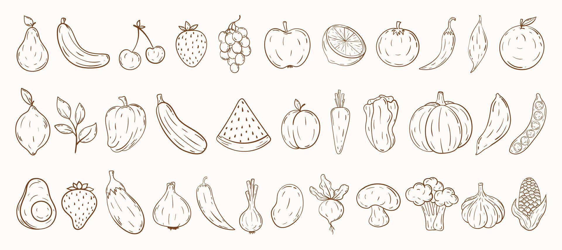 Outline vegetables and fruits collection. Hand draw doodle fruit and ...