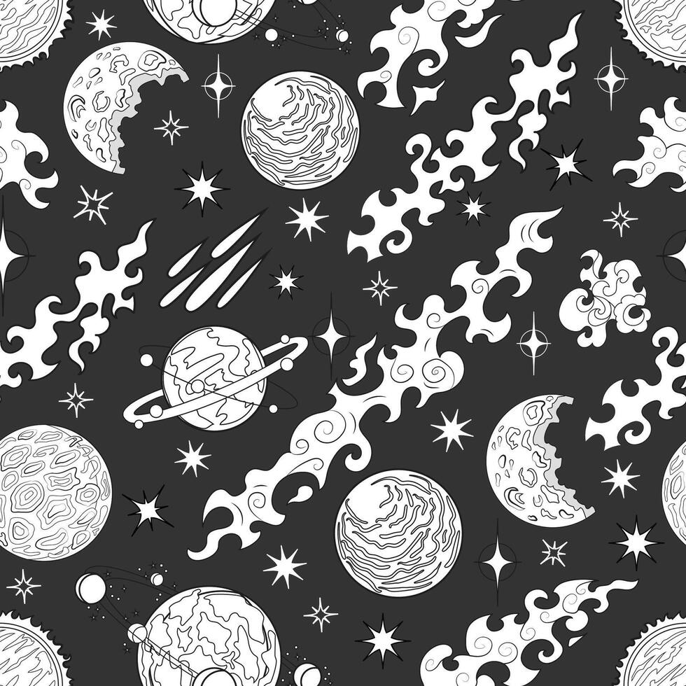 Seamless pattern illustration with retro future space objects, moon and ...