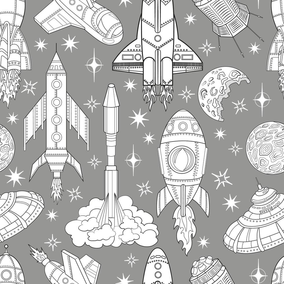 Seamless pattern illustration with retro future space objects, planets and rockets, line art ...