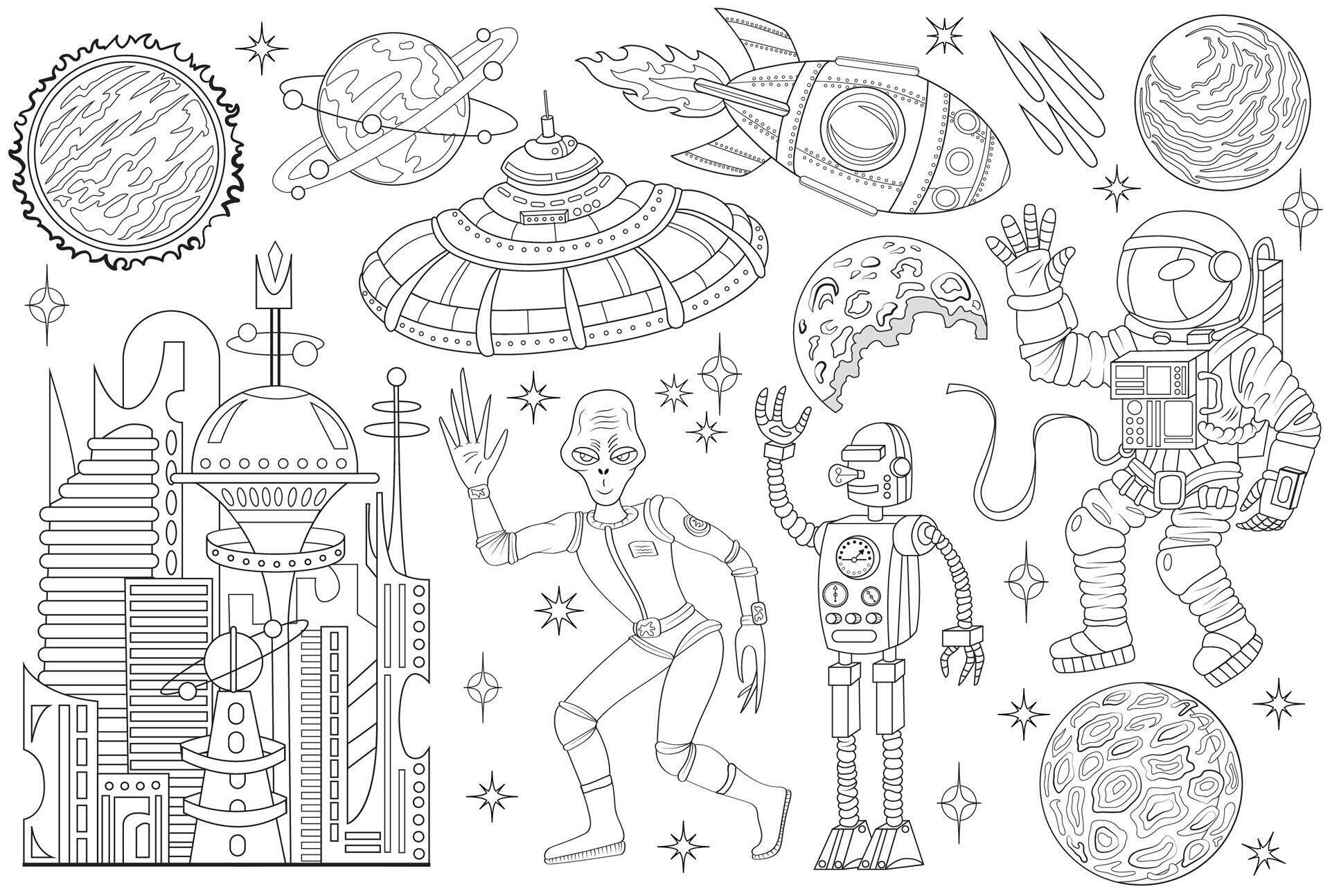 Hand Drawn Illustration With Doodle Set Of Retro Future Space Planets And Ships Rocket