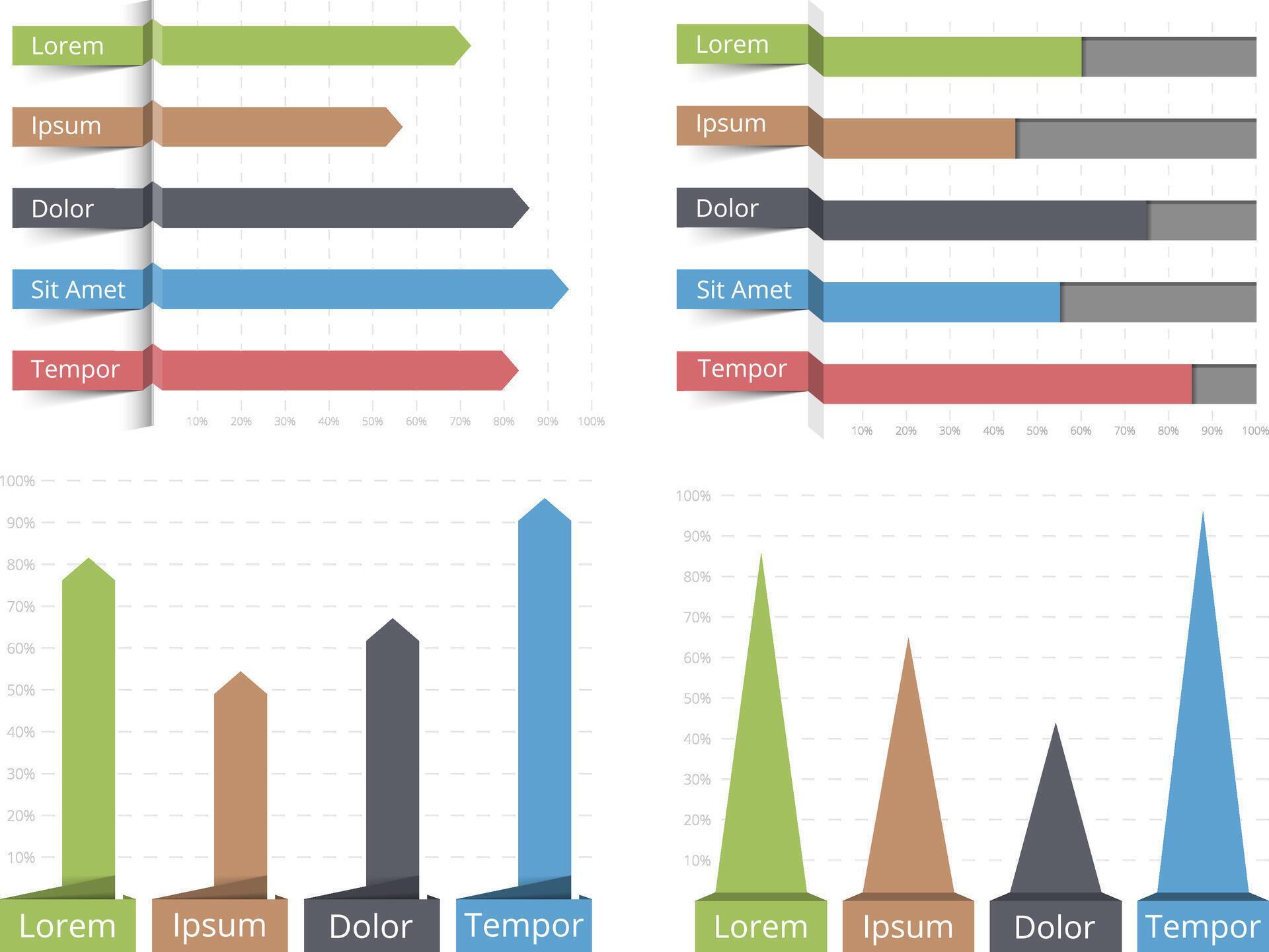 Four bar graphs, horizontal and vertical bar graphs with text, business ...