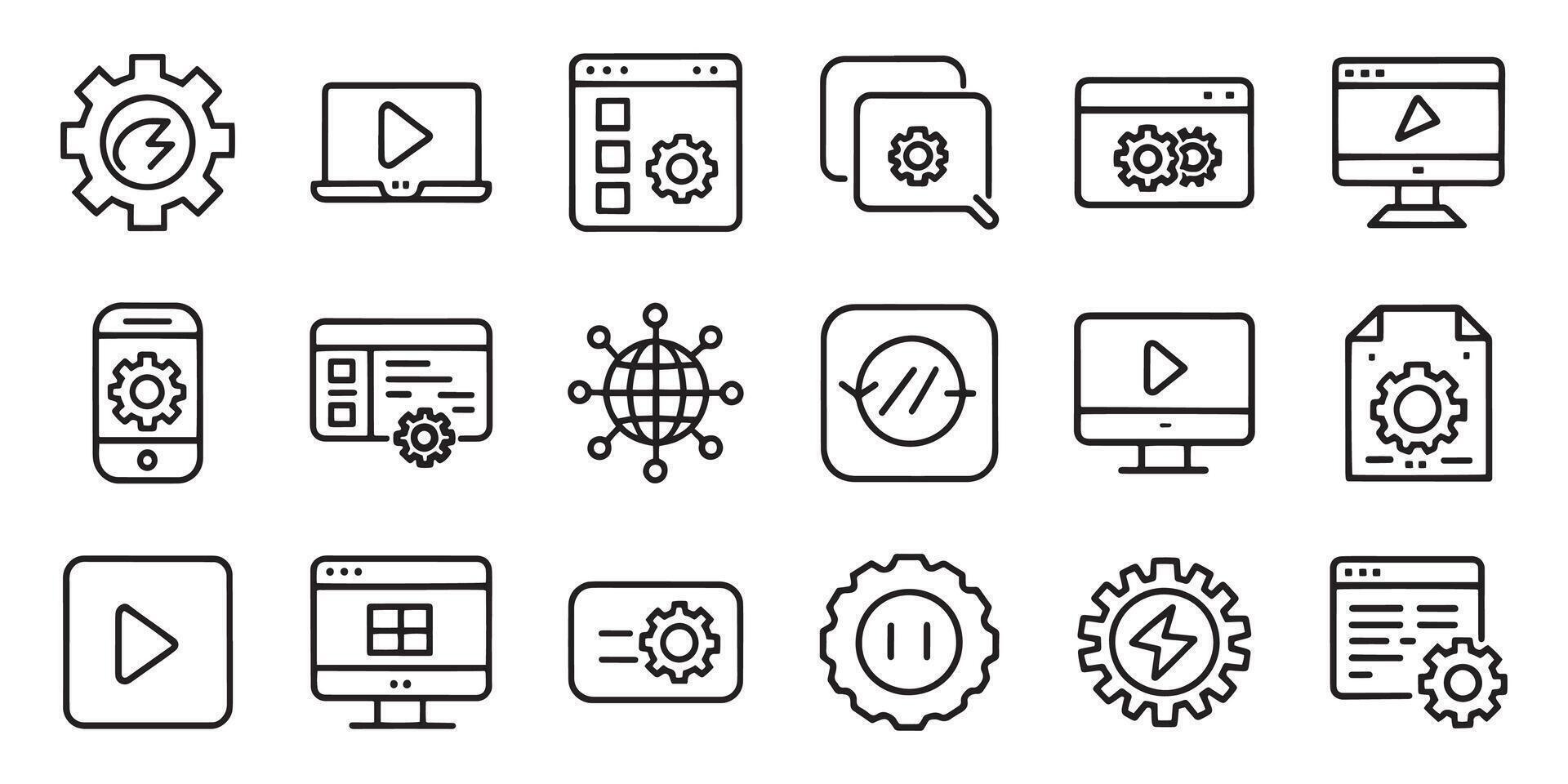 Software development concept related editable stroke outline icons set ...
