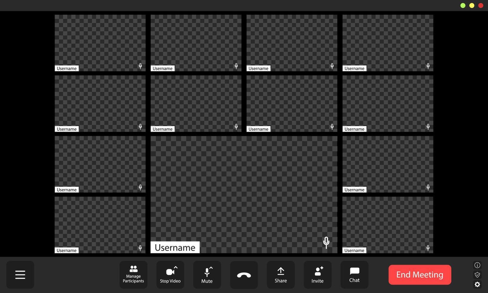 Virtual meeting interface displaying multiple blank participant slots during an online ...