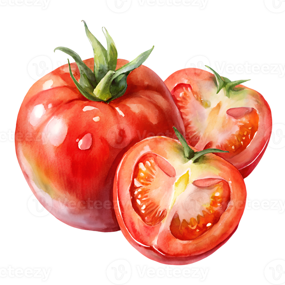 Watercolor hand drawn tomato with leaves isolate on transparency ...