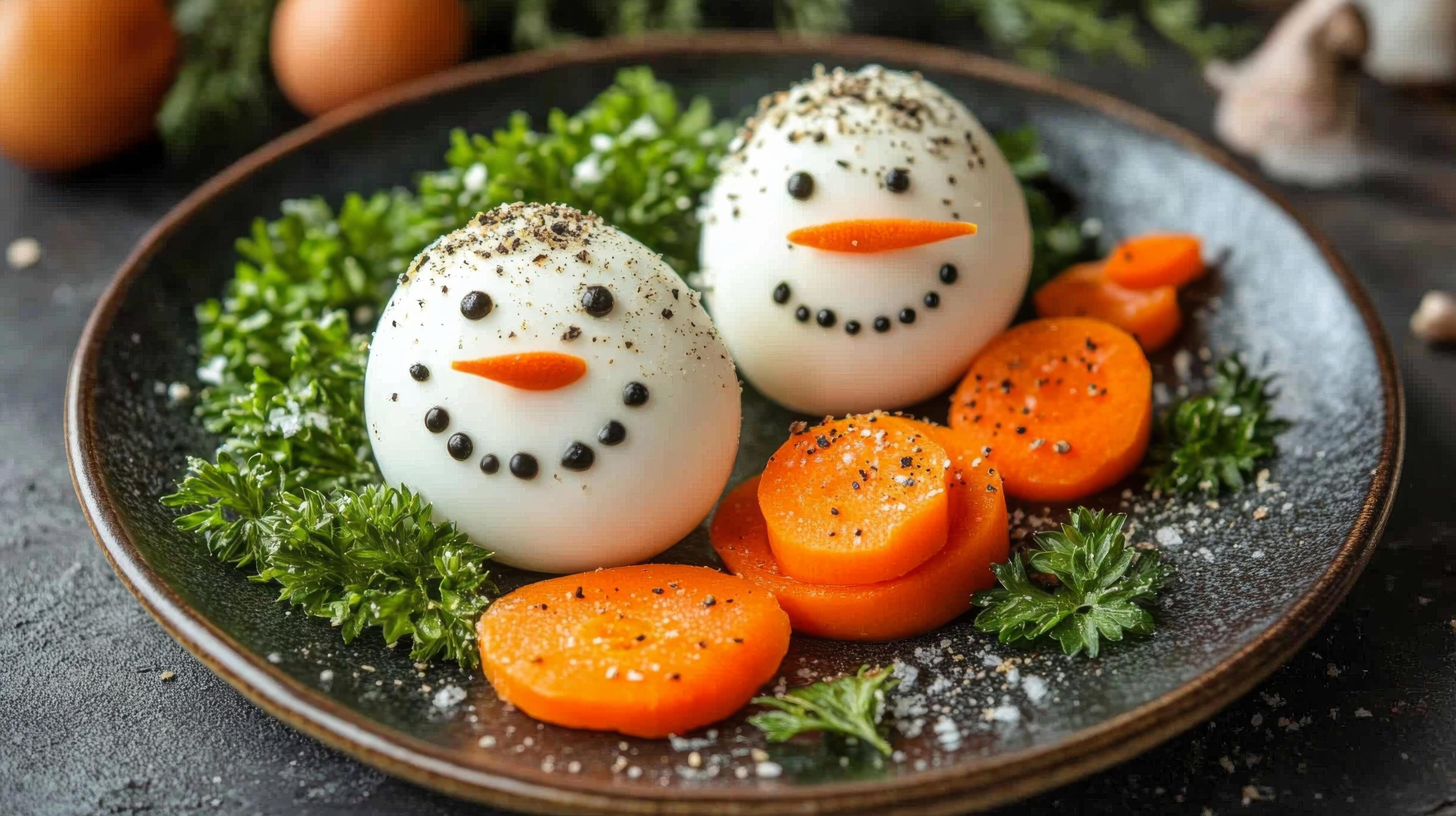 Creative winter snowman snacks made with boiled eggs and carrot on a festive plate 51100622 ...