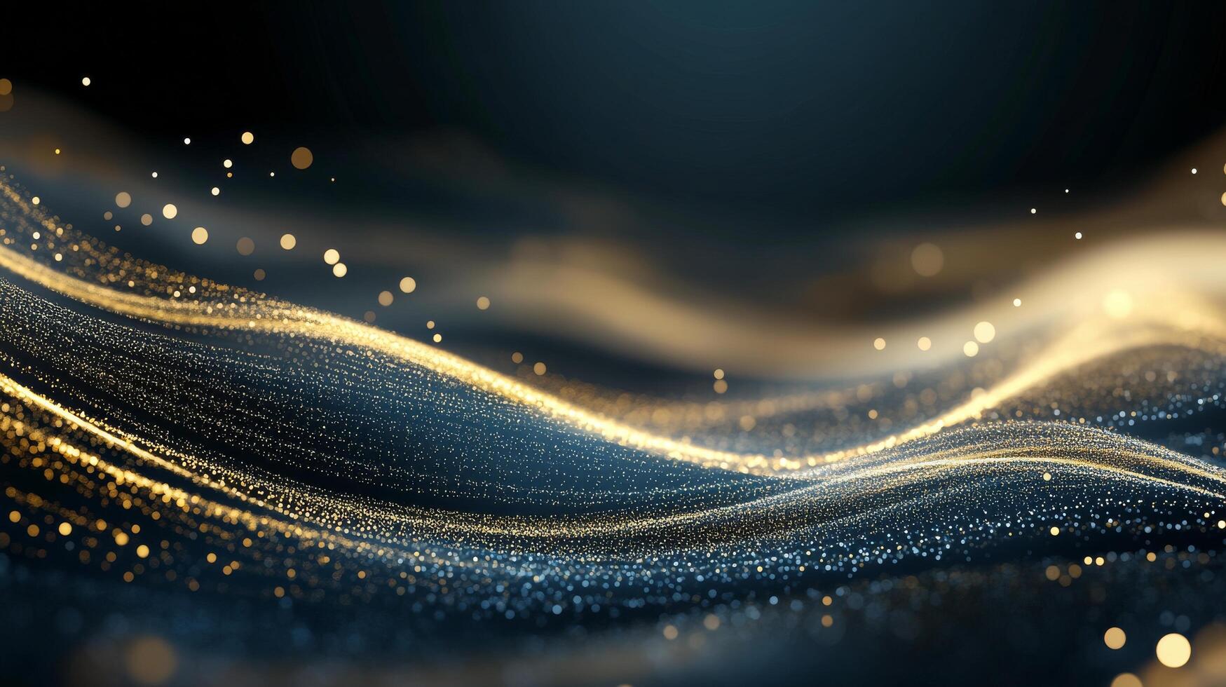 Abstract light trails and shimmering particles create a dynamic wave pattern in a dark setting ...