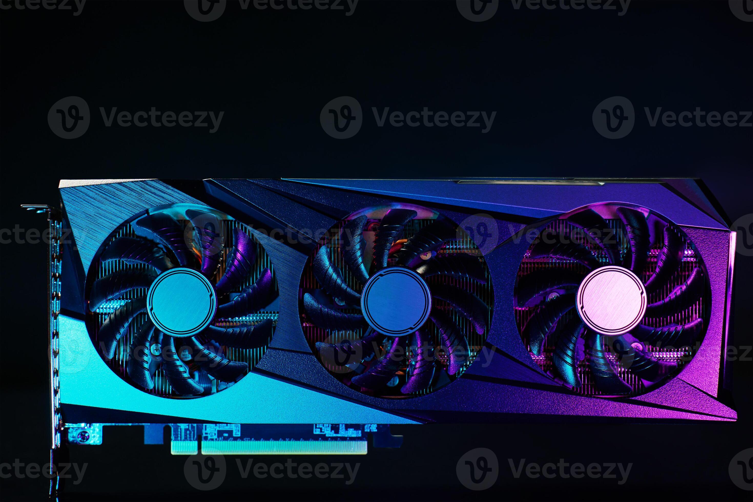 Close-up of high-performance graphics card with three cooling fans with ...