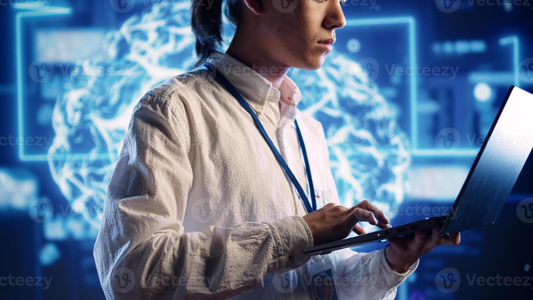 Seasoned IT inspector in data center uses artificial intelligence computing simulating human ...