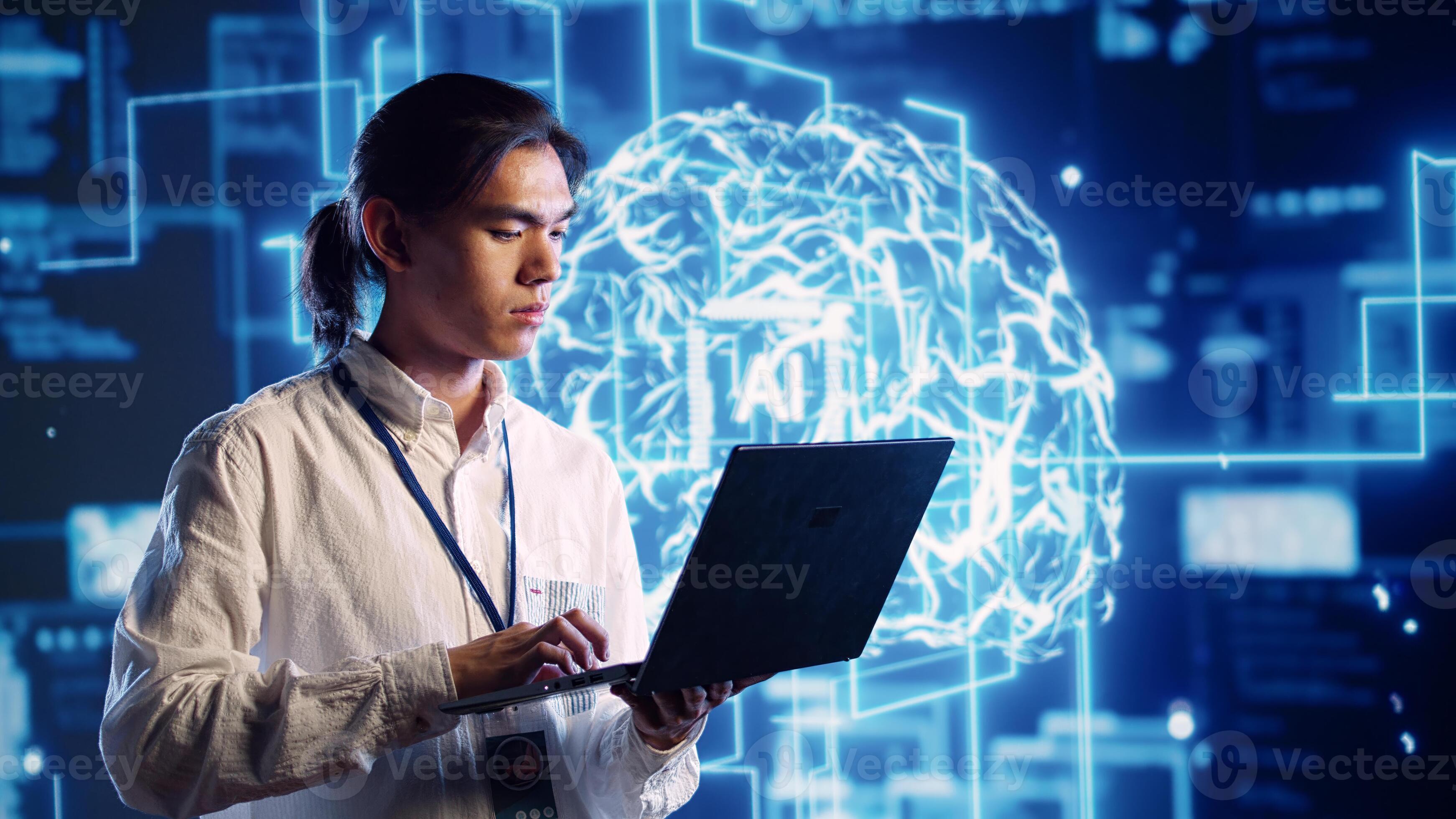 Trained IT practitioner in data center uses artificial intelligence computing simulating human ...