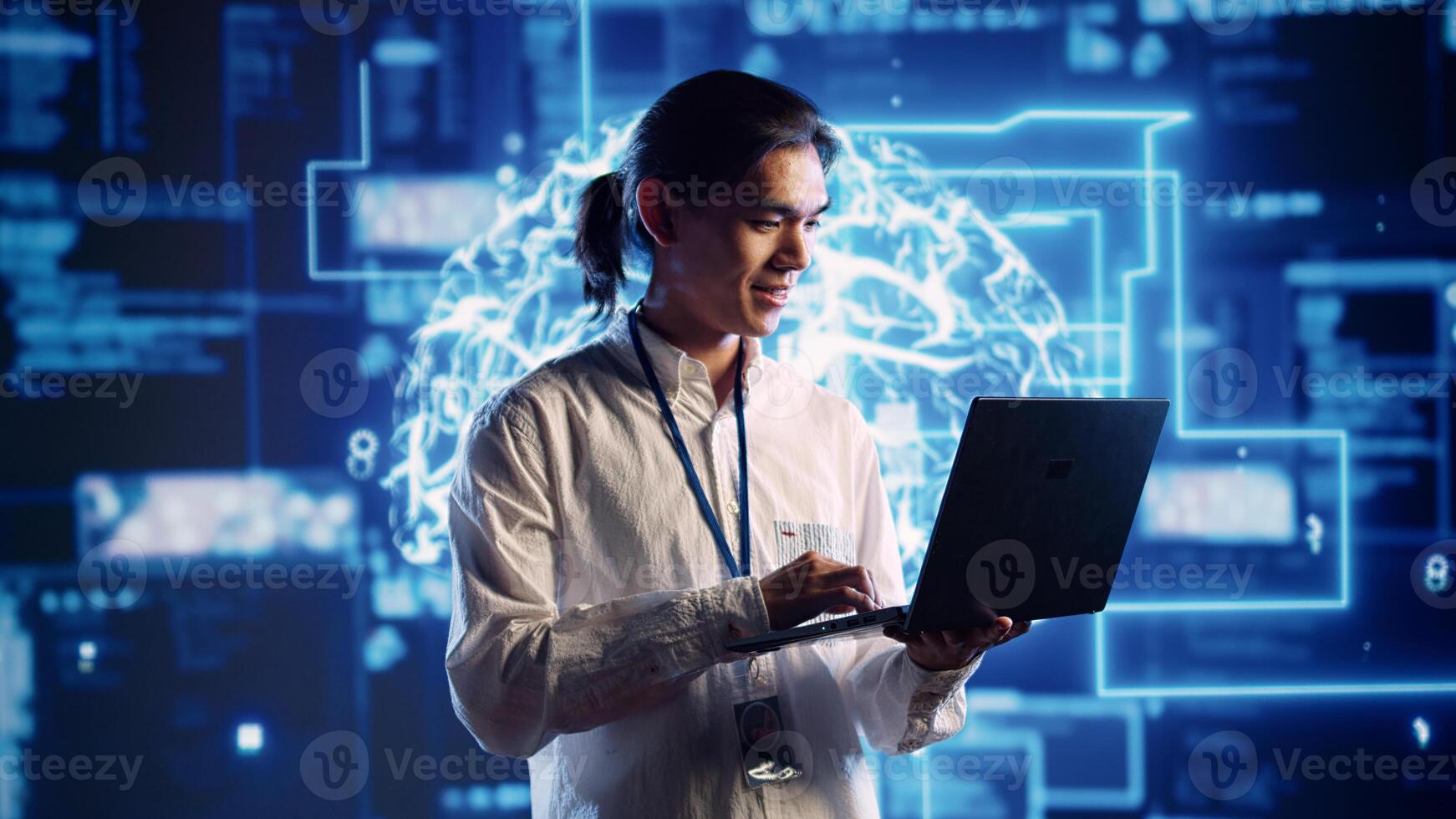 Smiling engineer in data center using artificial intelligence computing simulating human brain ...