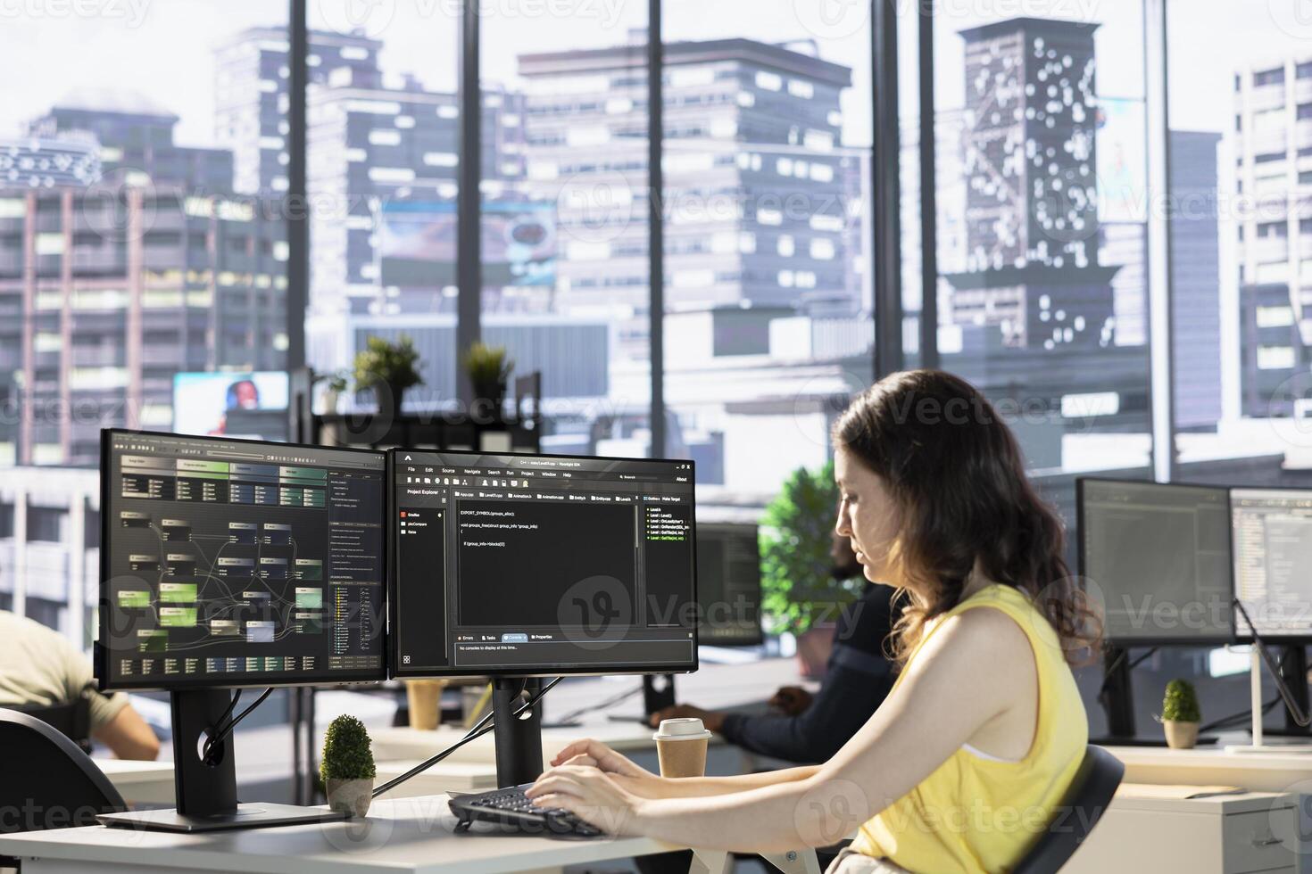 Employee conducting code review to fix bugs, identifying performance and technical issues with ...