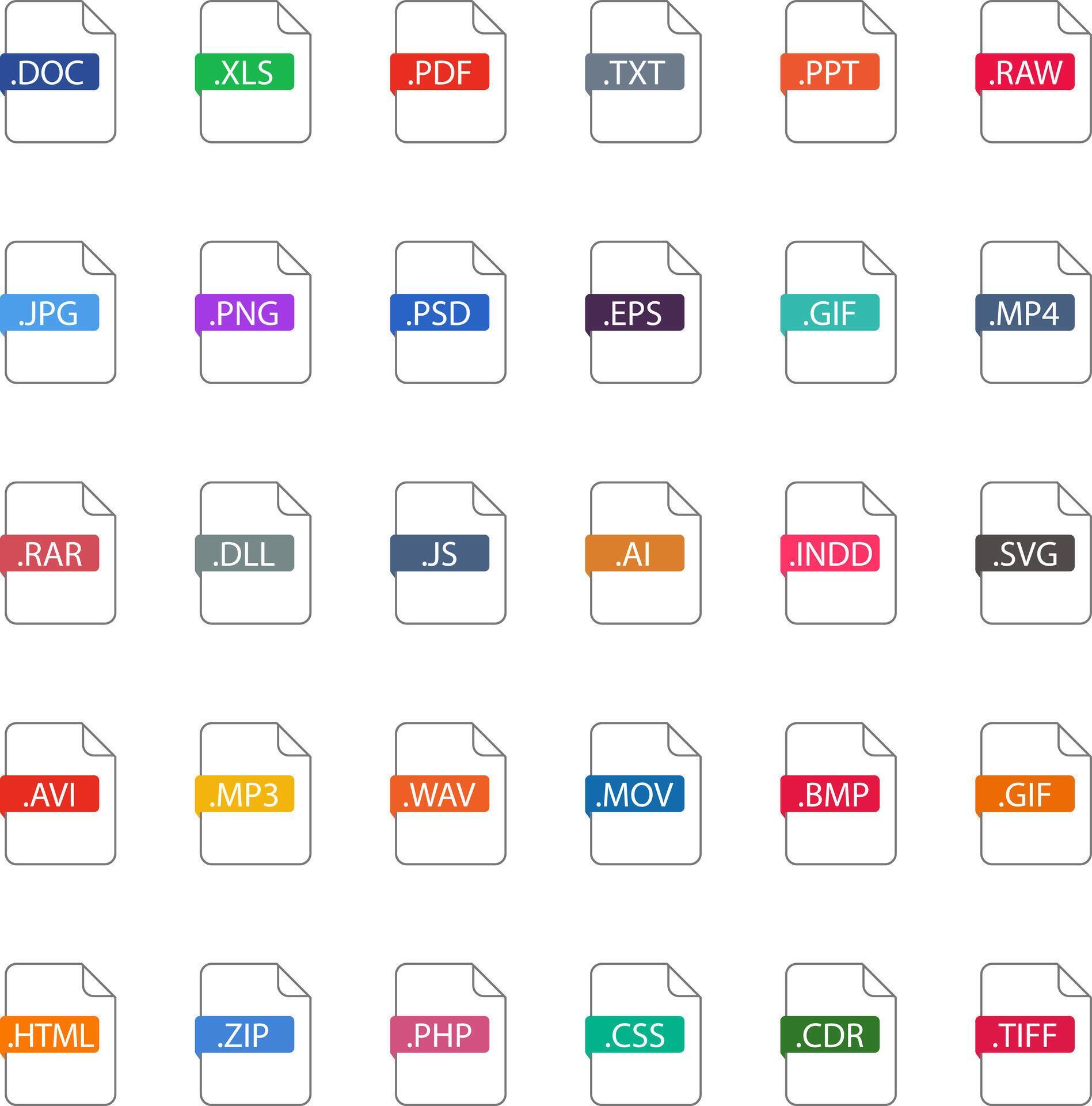 List of Document File Types and Extensions. Set of pdf, doc, jpg, xls ...