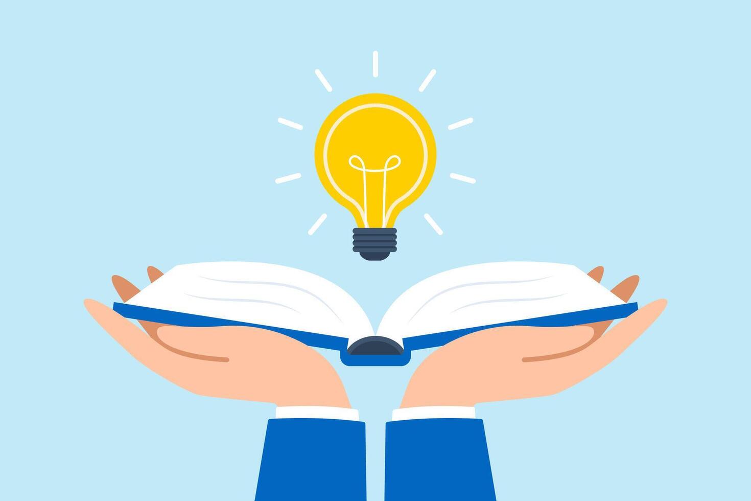 Flat illustration of hand holds open book to discover lightbulb idea representing knowledge and ...