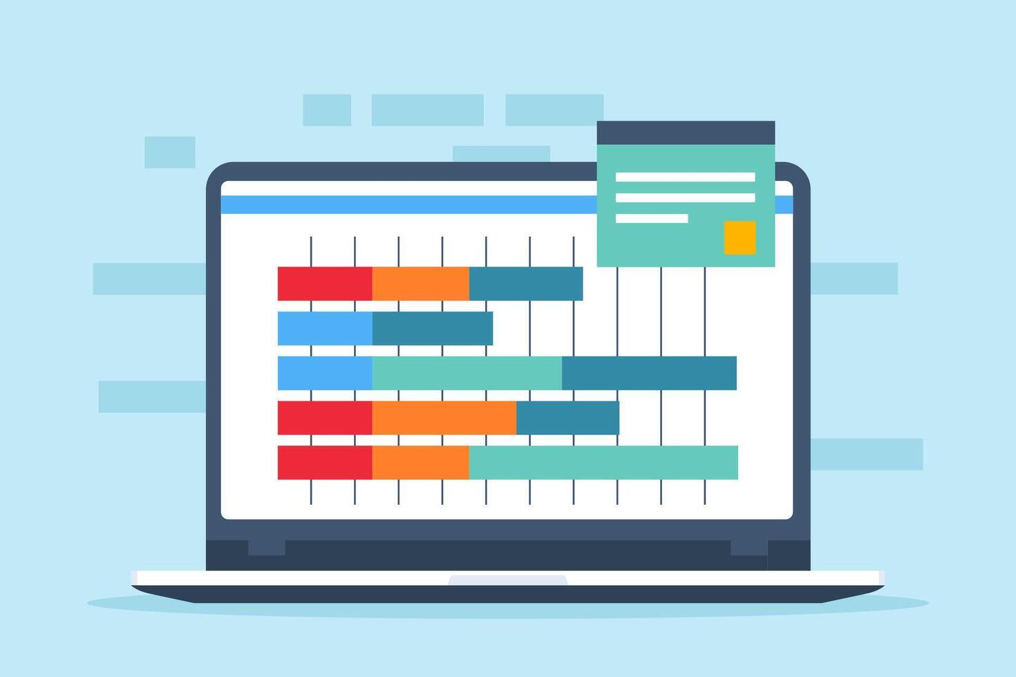 Flat illustration of computer laptop displays gantt chart assisting in planning for software ...