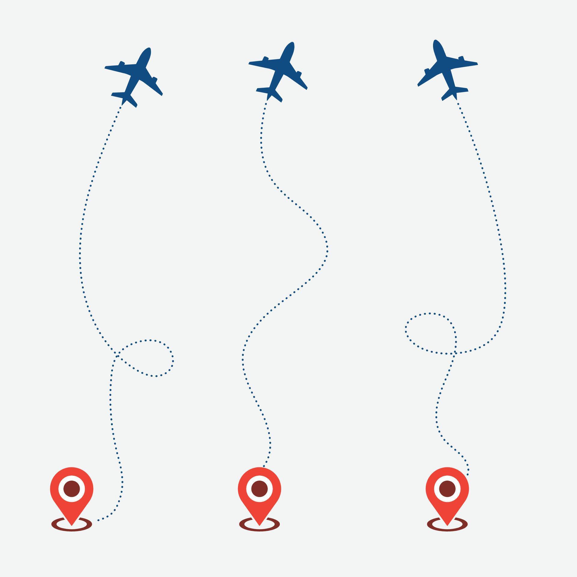 Airplane line path icon. Air plane flight route with line trace. Dashed route travel concept ...