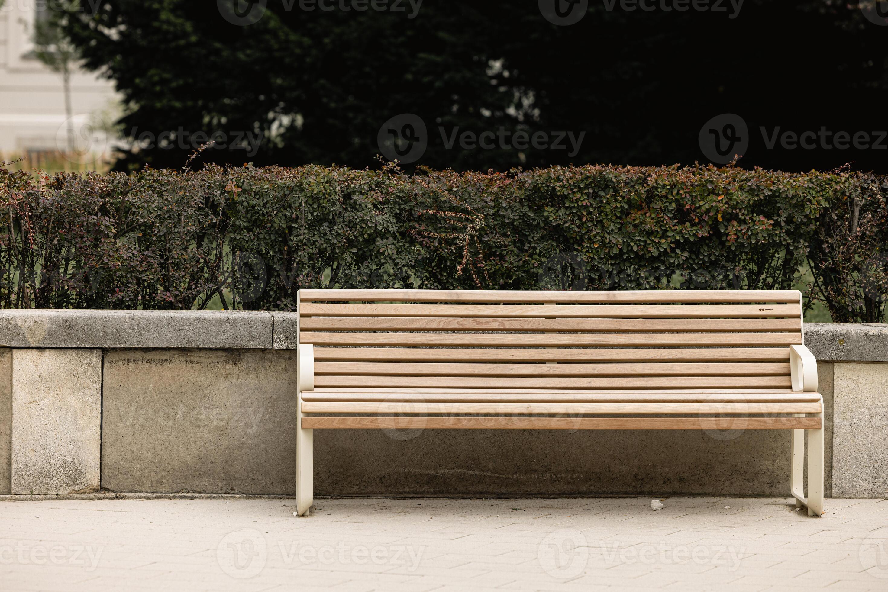 Modern benches in the city square on a sunny day. City improvement, urban planning, public ...