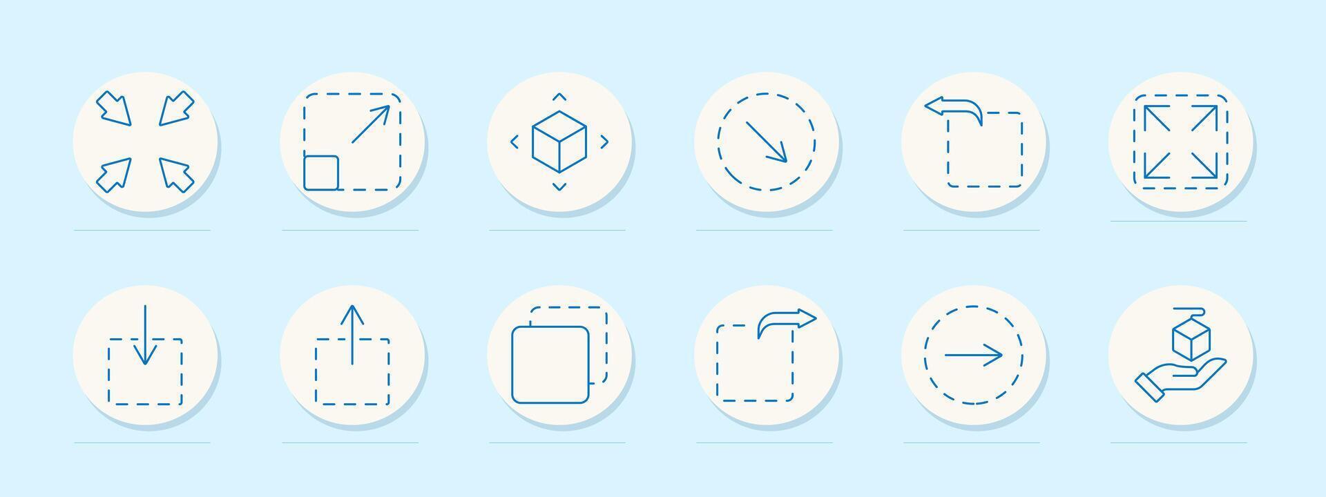 Resize set icon. Inward arrows, outward, box with arrows, cube with arrows, diagonal, square ...