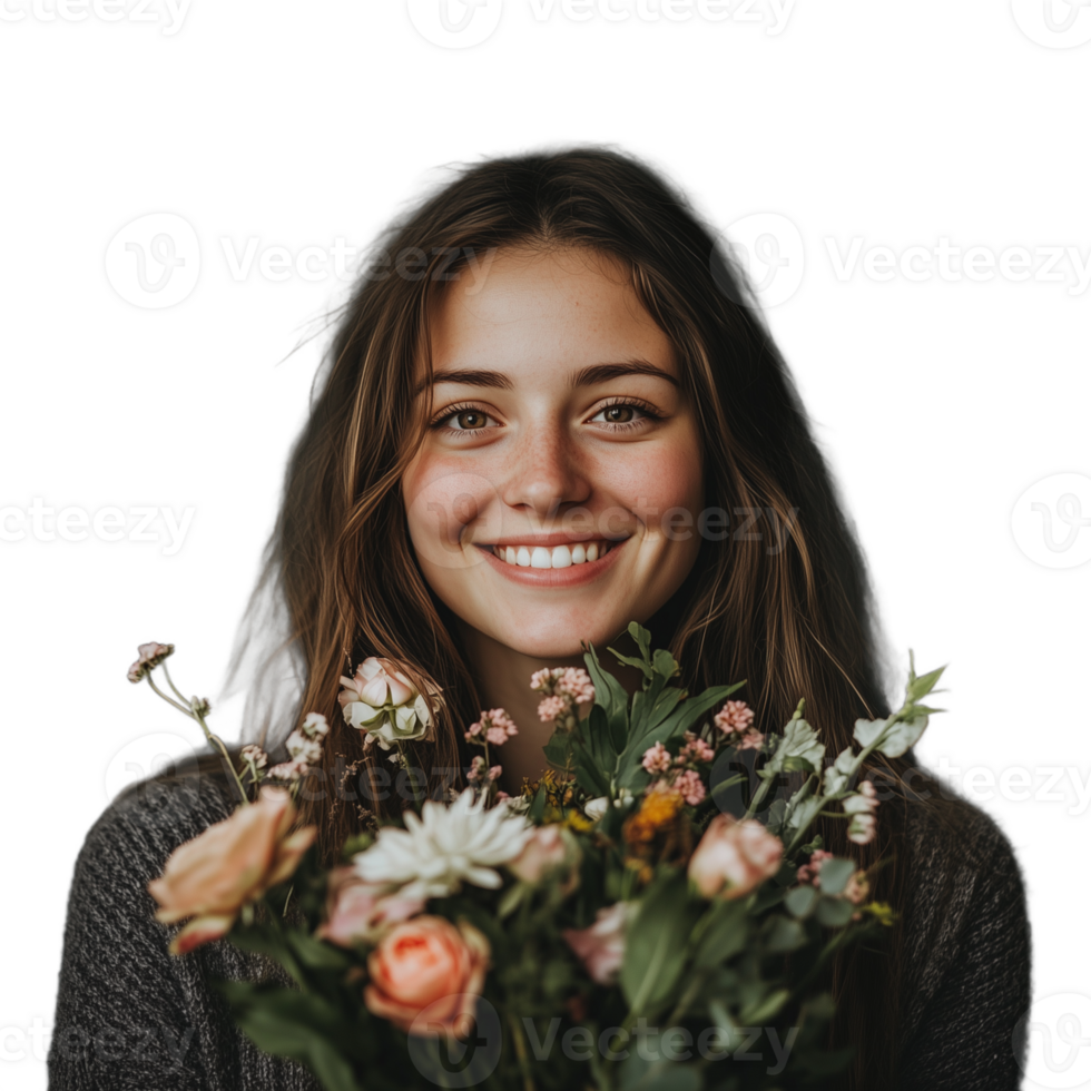 sonriente joven mujer participación un ramo de flores de flores ... sonriente joven mujer participación un ramo de flores de flores ...
