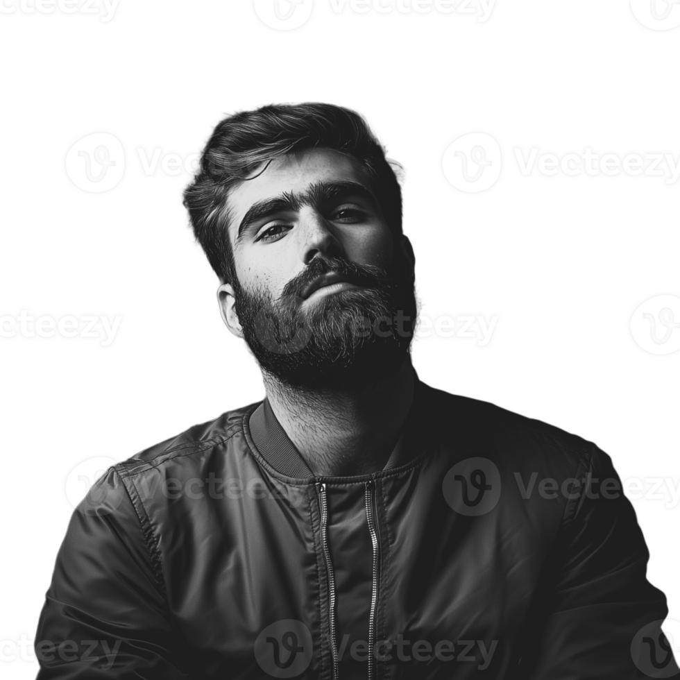 Black and white portrait of a young man with a beard looking directly ...