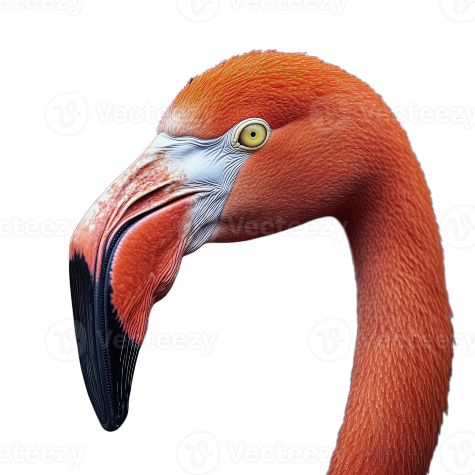 Close-up of a vibrant flamingo with striking orange feathers and detailed beak against a ...