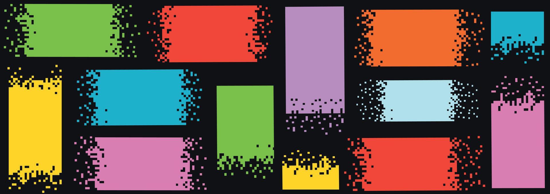 Pixel disintegration color background. Vibrant rectangles in bold colors with black grunge ...