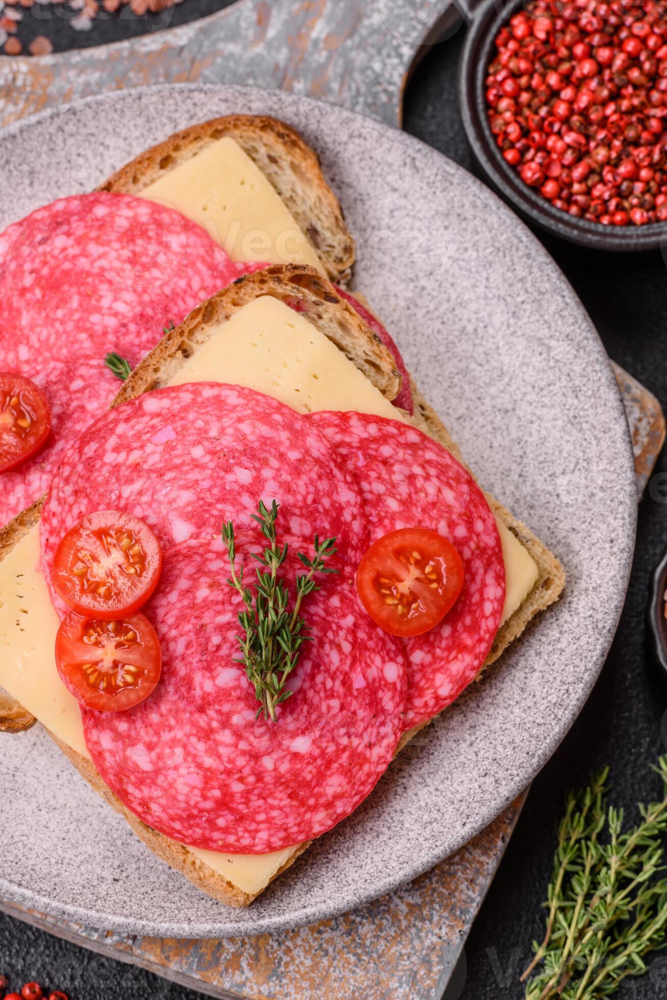 Sandwich with toast, salami slices, cheese and tomatoes, salt and spices 51175714 Stock Photo at ...