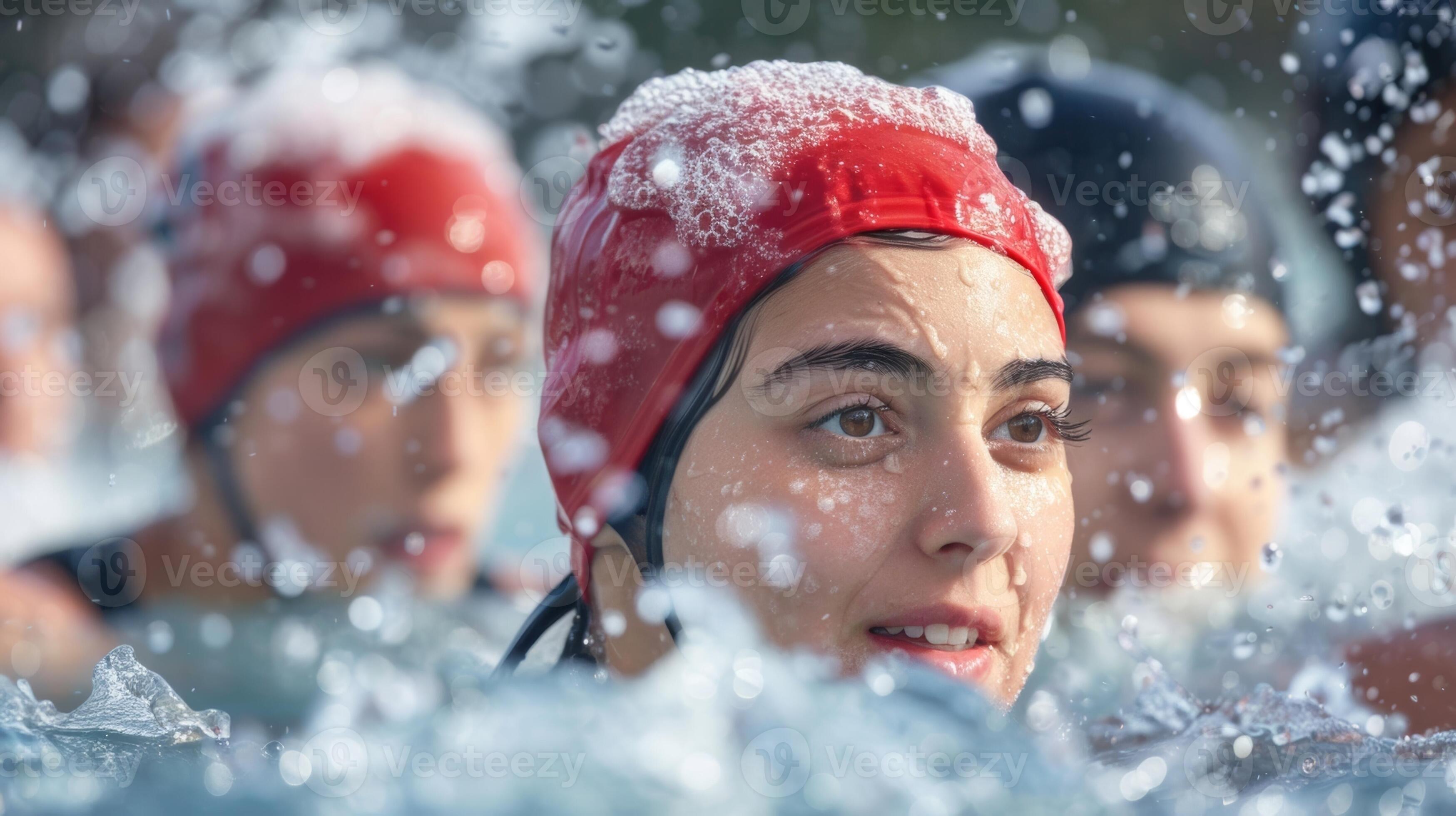 A group of individuals huddled together in a cold outdoor pool taking turns swimming laps to ...