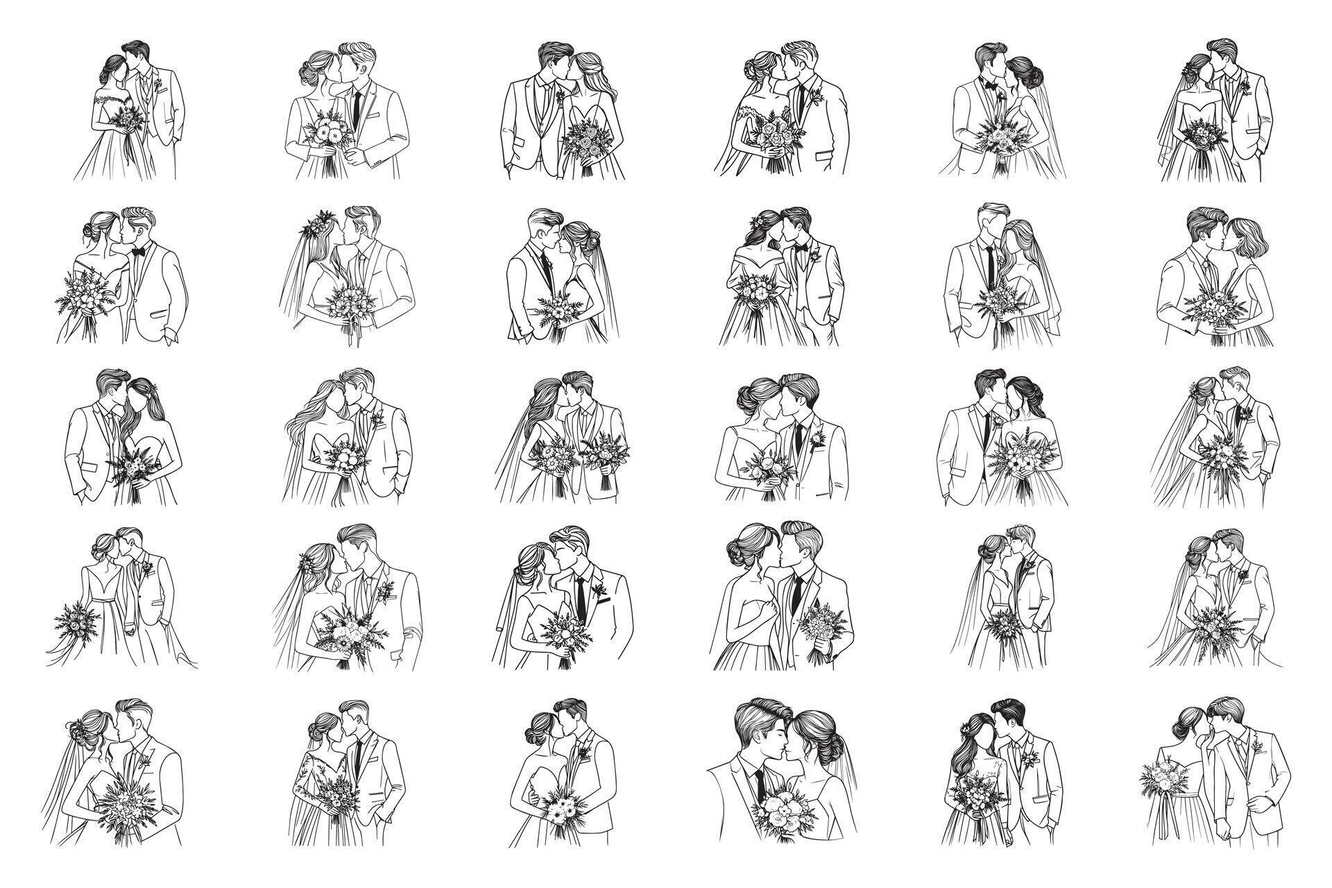 Bundle Line Art Romantic wedding couple kissing Illustration Hand Drawn Clipart 51182125 Vector ...