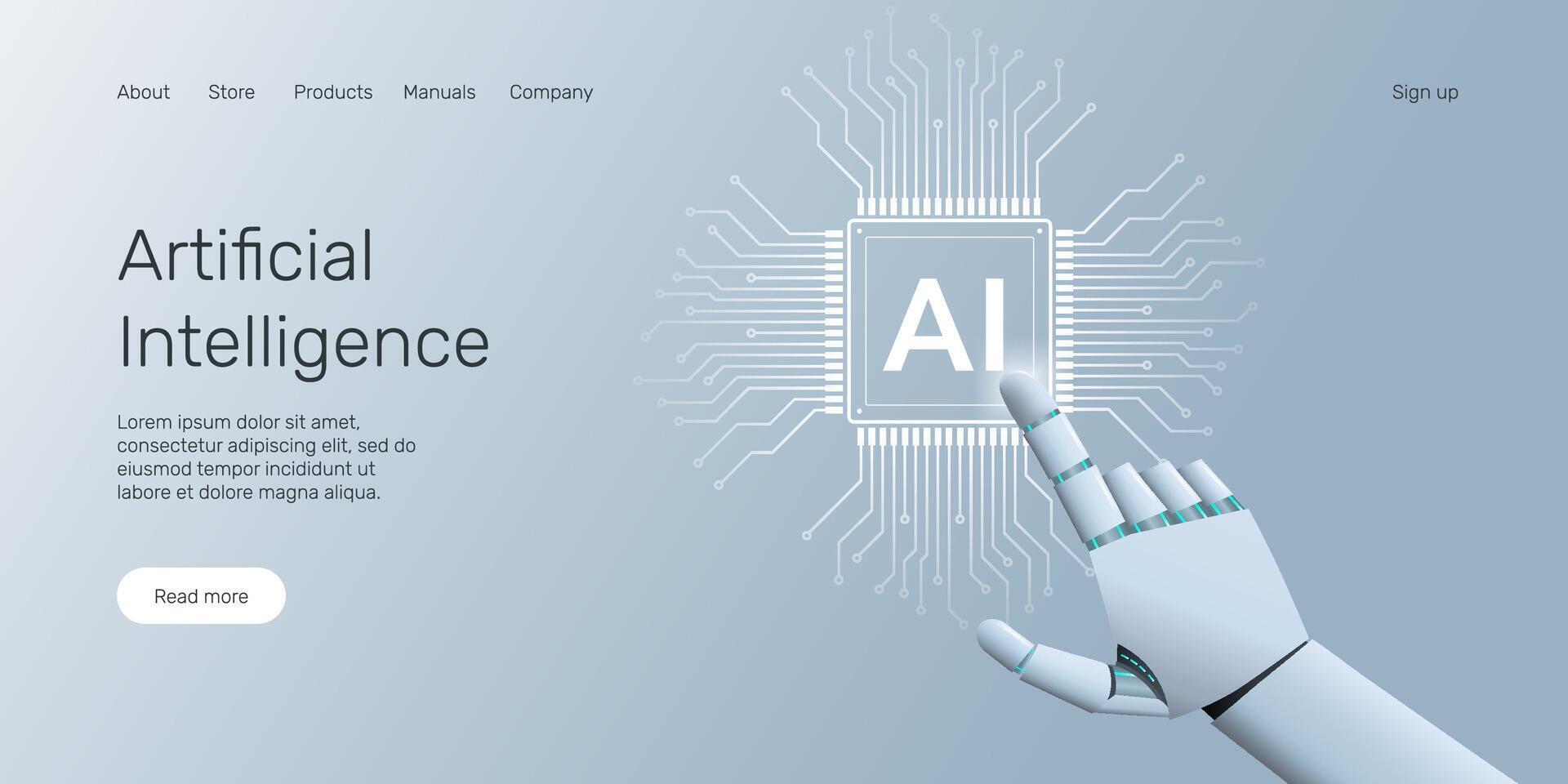 Web banner with robot finger presses on a light white AI chip or processor, technology, machine ...