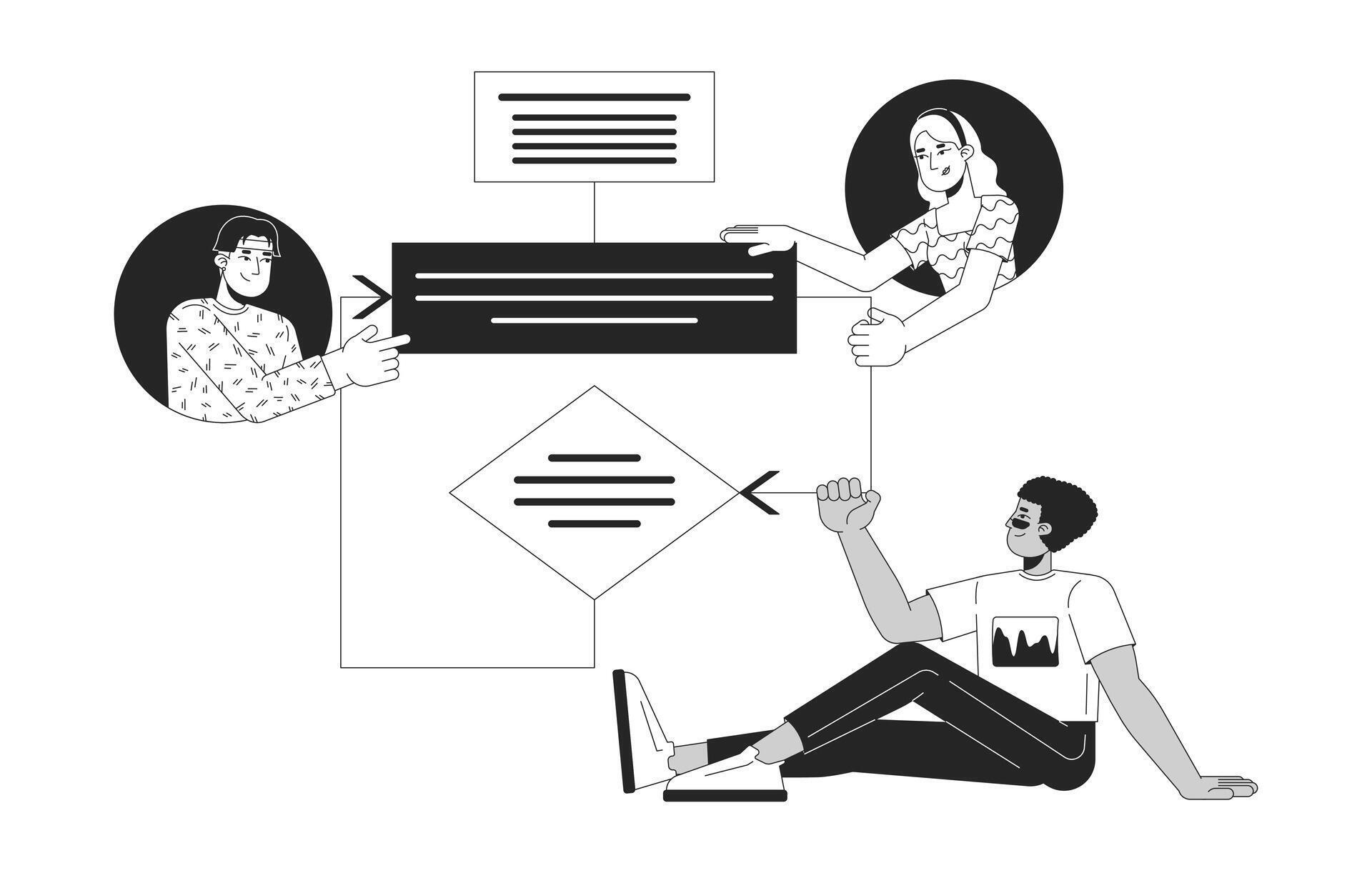 Algorithm in software development black and white 2D illustration concept. Programmer team ...