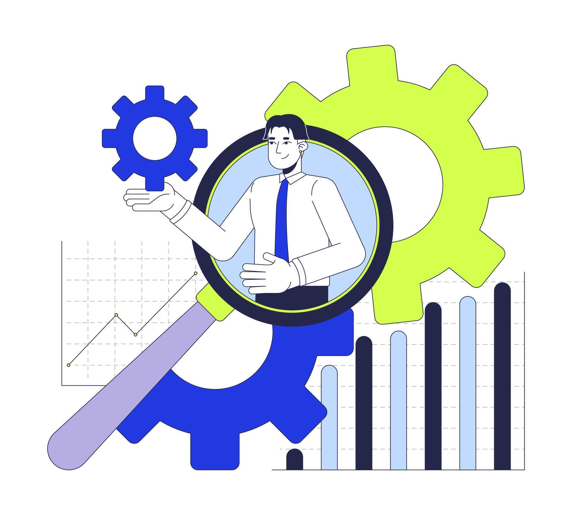 Digital business analytics 2D illustration concept. Cogs charts. Accounting analyst magnifying ...