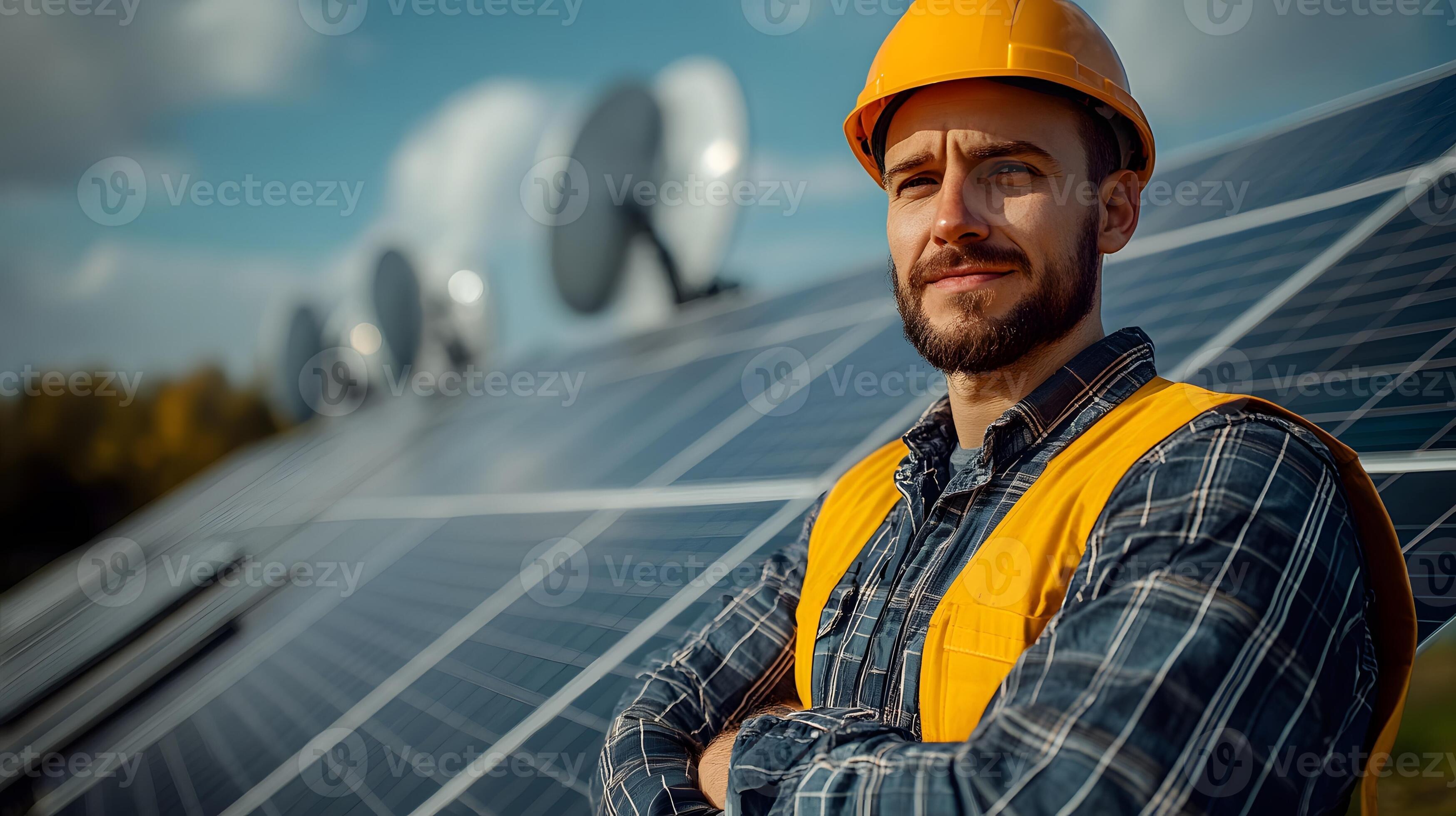 Industrial technician working on a solar panel setup, configuring an inverter for optimal energy ...