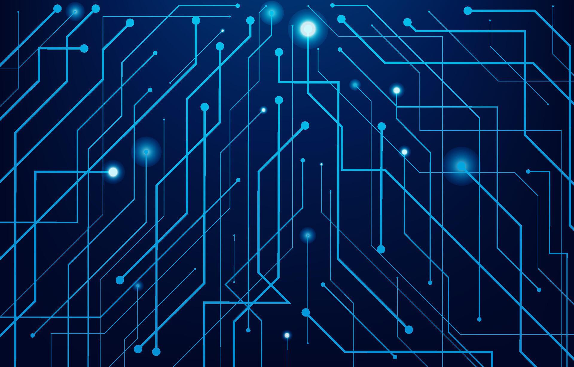 Abstract blue digital circuit board on dark technology background ...