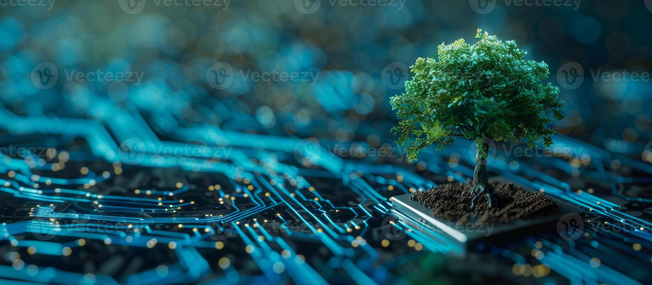 Tree Growing On Converging Point Of Computer Circuit Board Green Computing Technology And It