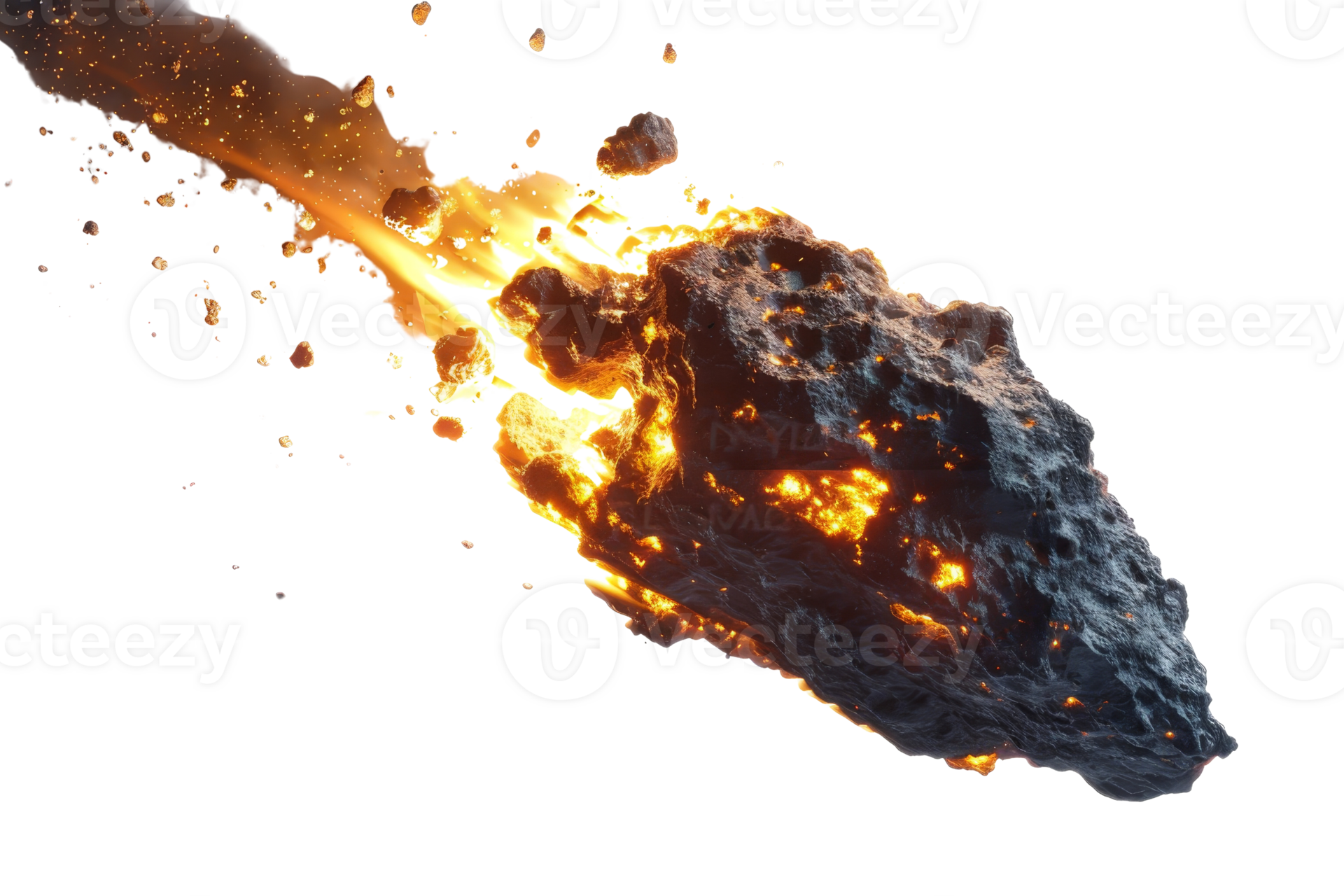 A Fiery Meteor Streaking Through Space With Trailing Flames And Glowing Embers Isolated On A