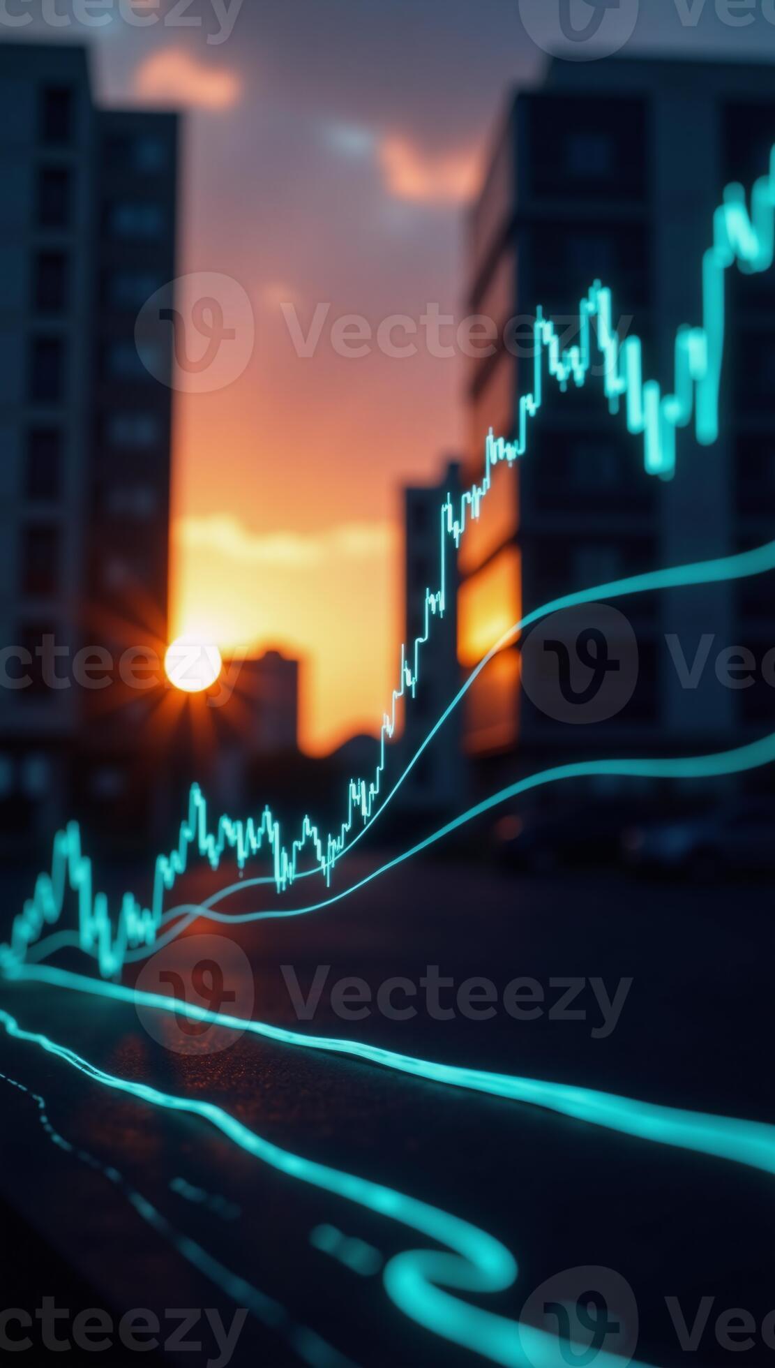 Line graph overlapping cityscape silhouette Financerelated 51241015 ...