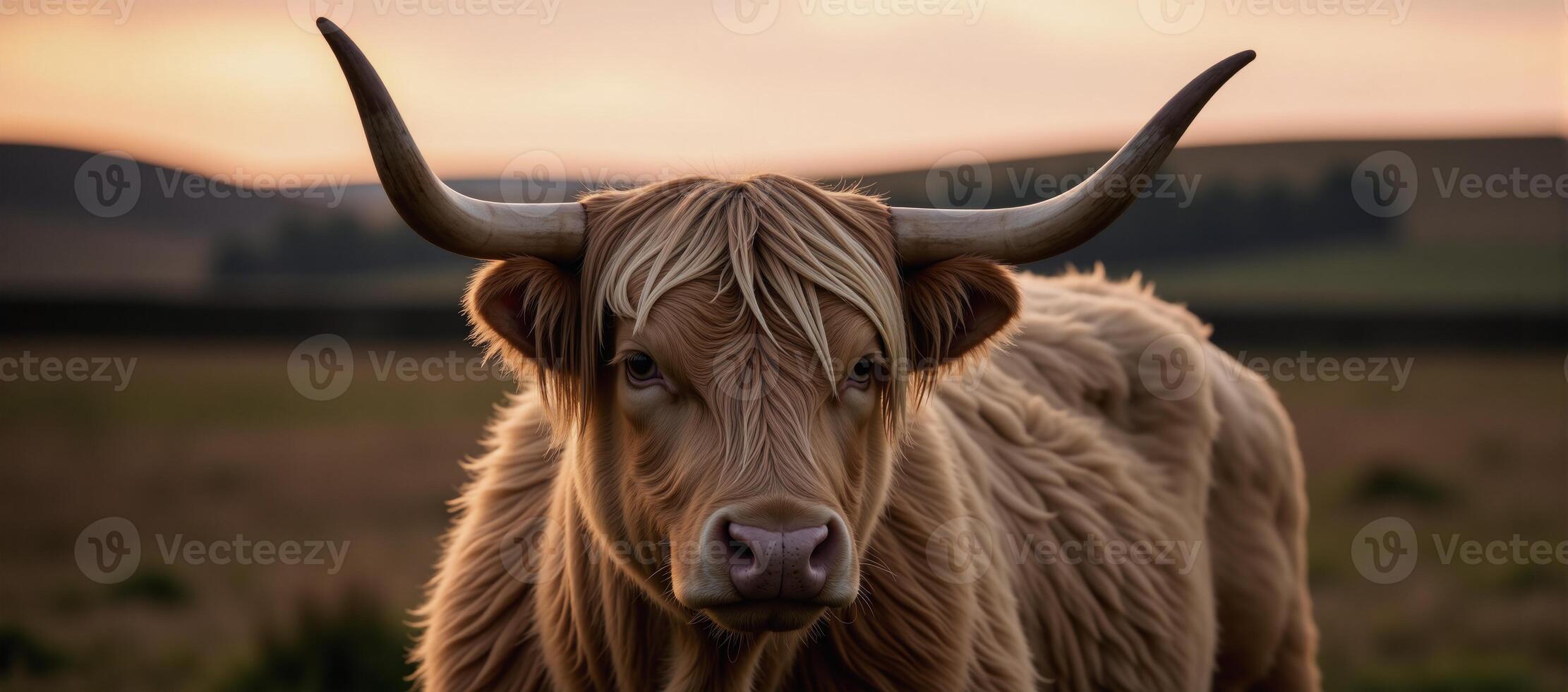 A serene highland cow gazes peacefully with sweeping horns bathed in ... A serene highland cow gazes peacefully with sweeping horns bathed in ...
