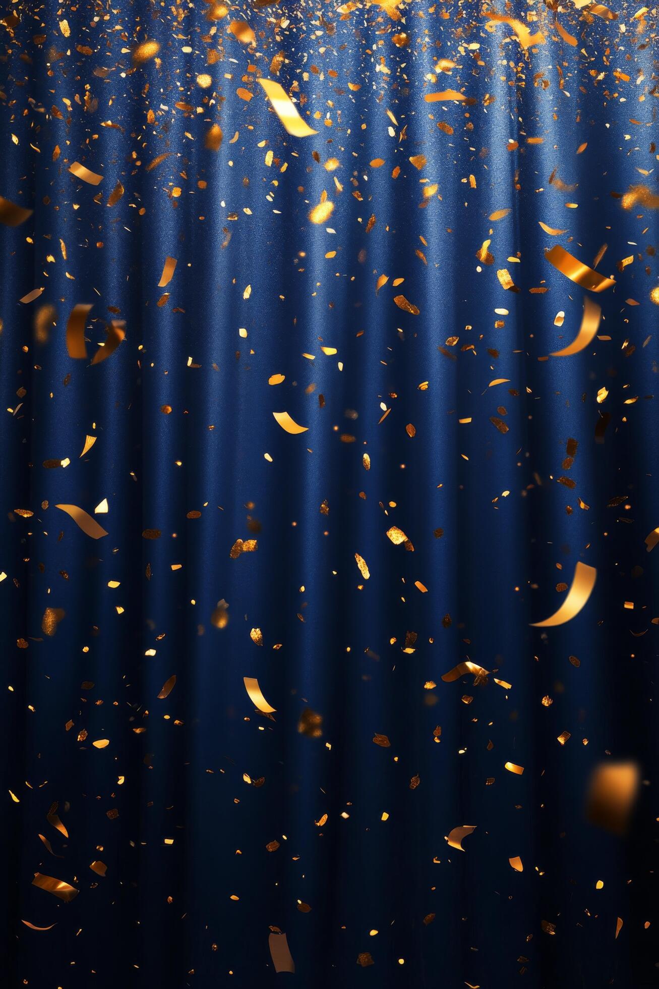 Golden confetti cascading down a dark blue background during a festive celebration event ...