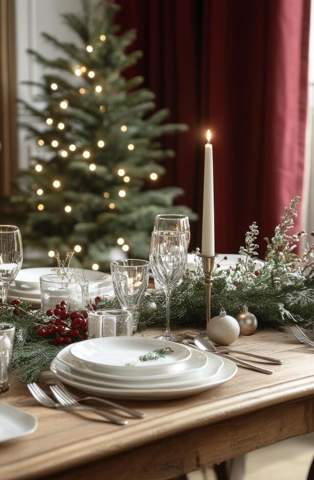Elegant holiday dinner table setting with candles, greenery, and a Christmas tree in the ...