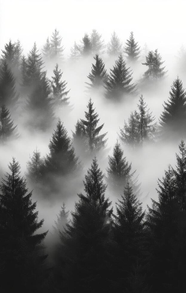 Dense mist envelops tall pine trees in a serene forest landscape at dawn 51269275 Stock Photo at ...