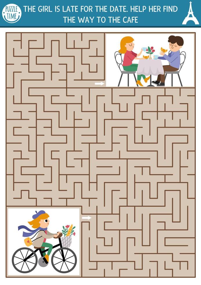 France maze for kids with girl riding bike. French preschool printable ...