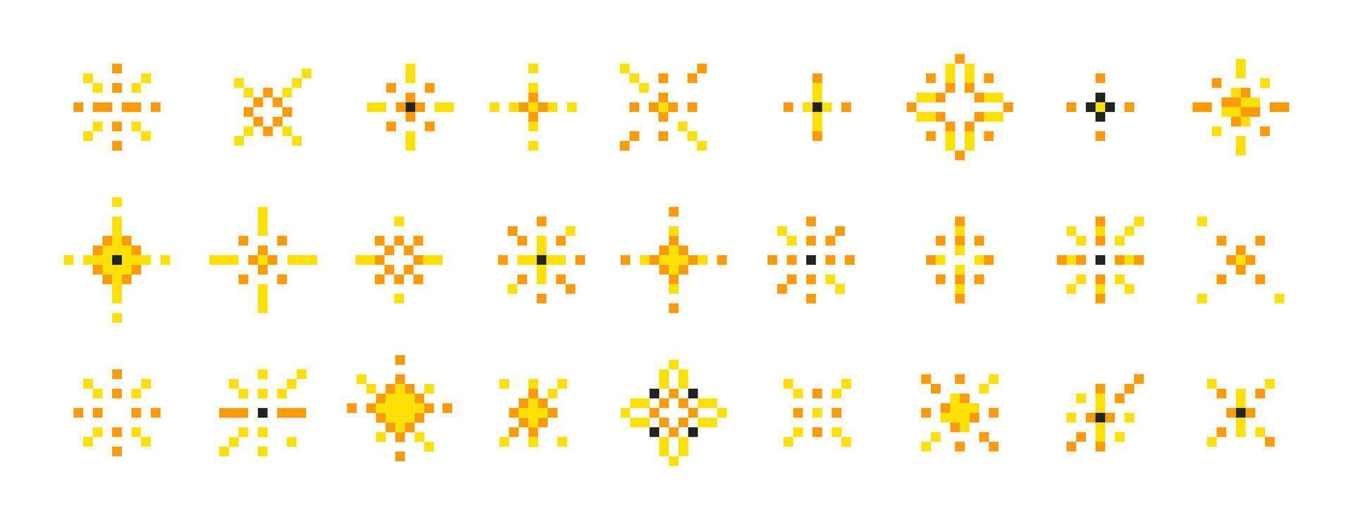 Pixel art glitter stars set in 8bit retro style. Pixelated sparkles or firework bursts ...