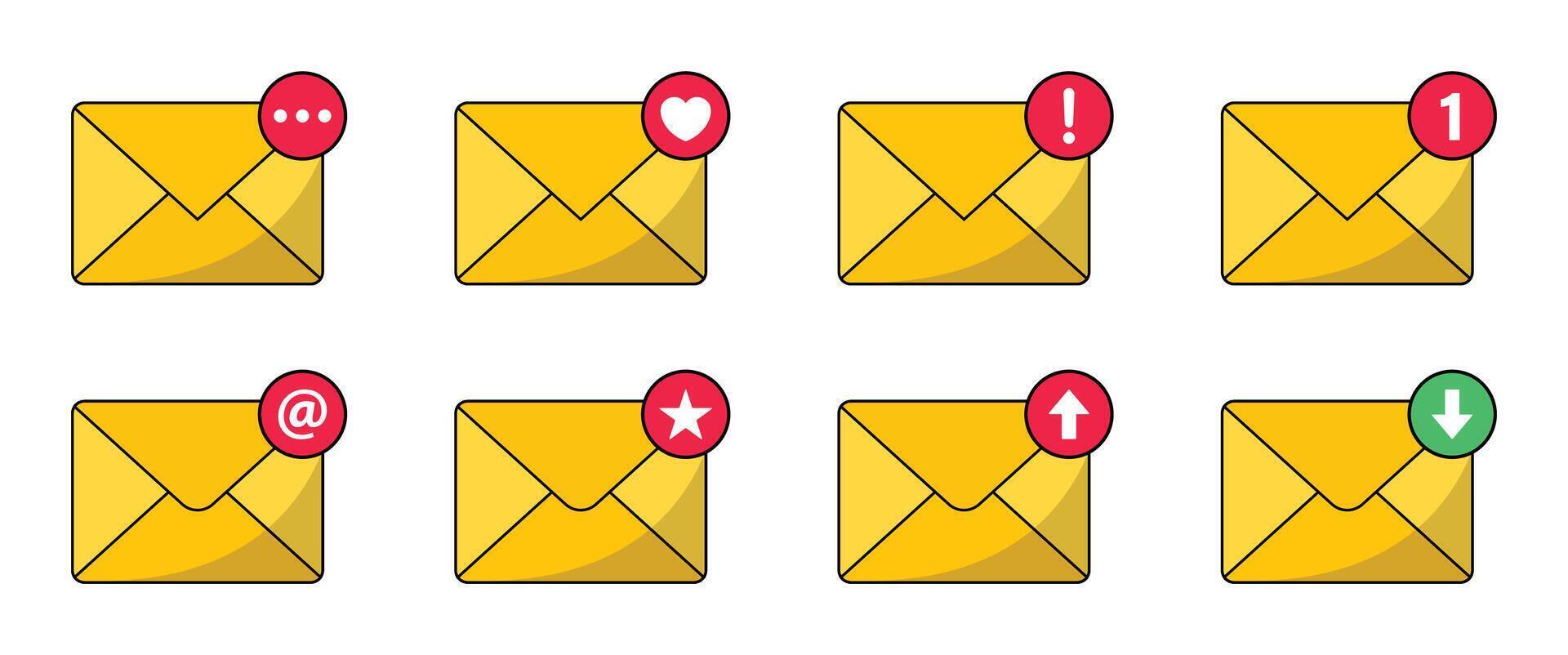 Mail icons. Notification message or email icon set. Envelope message icon collection. Incoming ...