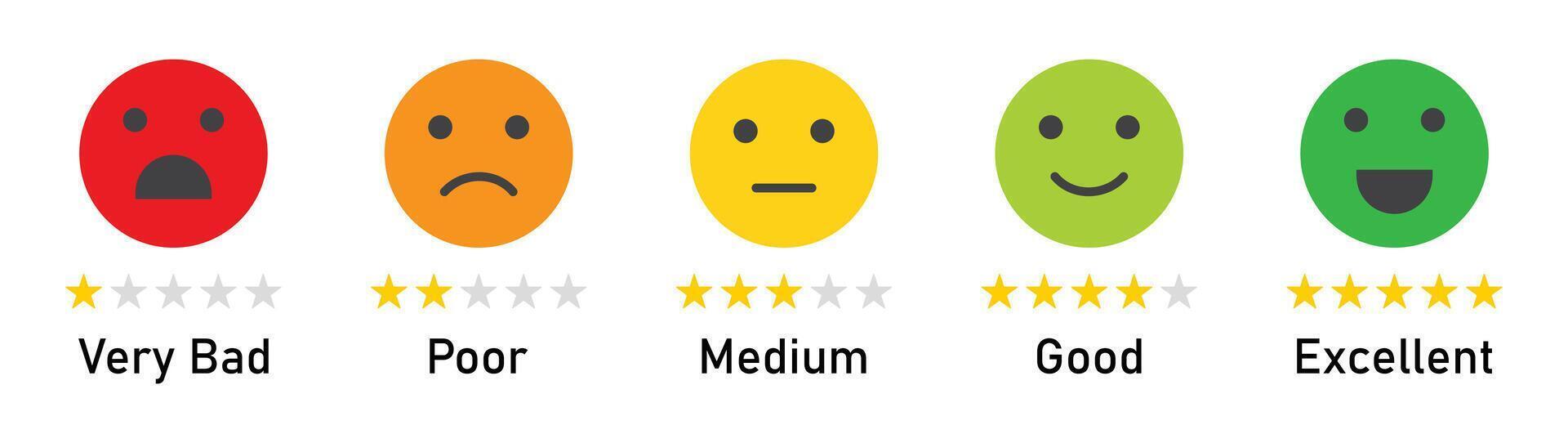 Feedback star rating emoji icon set in different color. Rating emojis isolated set. Five-star ...