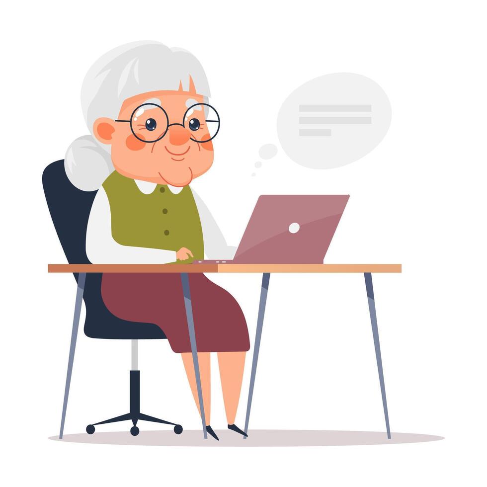 Cute elderly woman working on laptop, communicating online. Old people ...