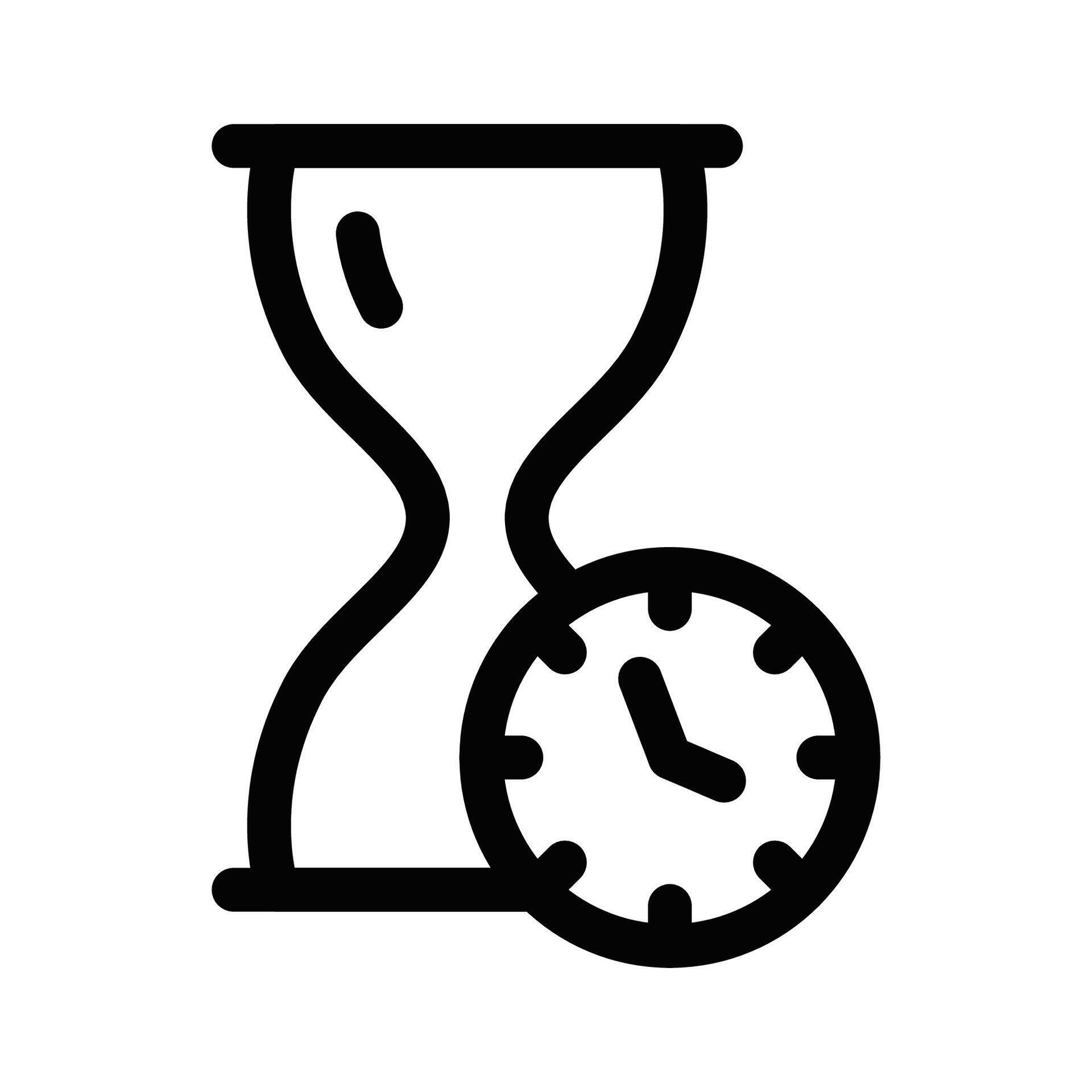 Minimalist icon of an hourglass and clock, representing time management, deadlines, or ...
